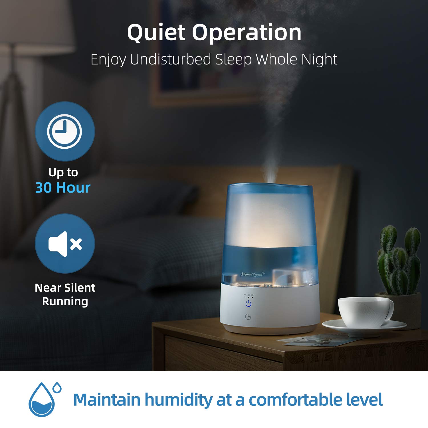 Aroma Room Humidifiers for Bedroom, 3L Cool Mist Humidifier for Baby Nursery and Plants, Whisper Quiet Air Humidifier, Soft Night Light, 30H Work Time, Auto Shut Off, Blue