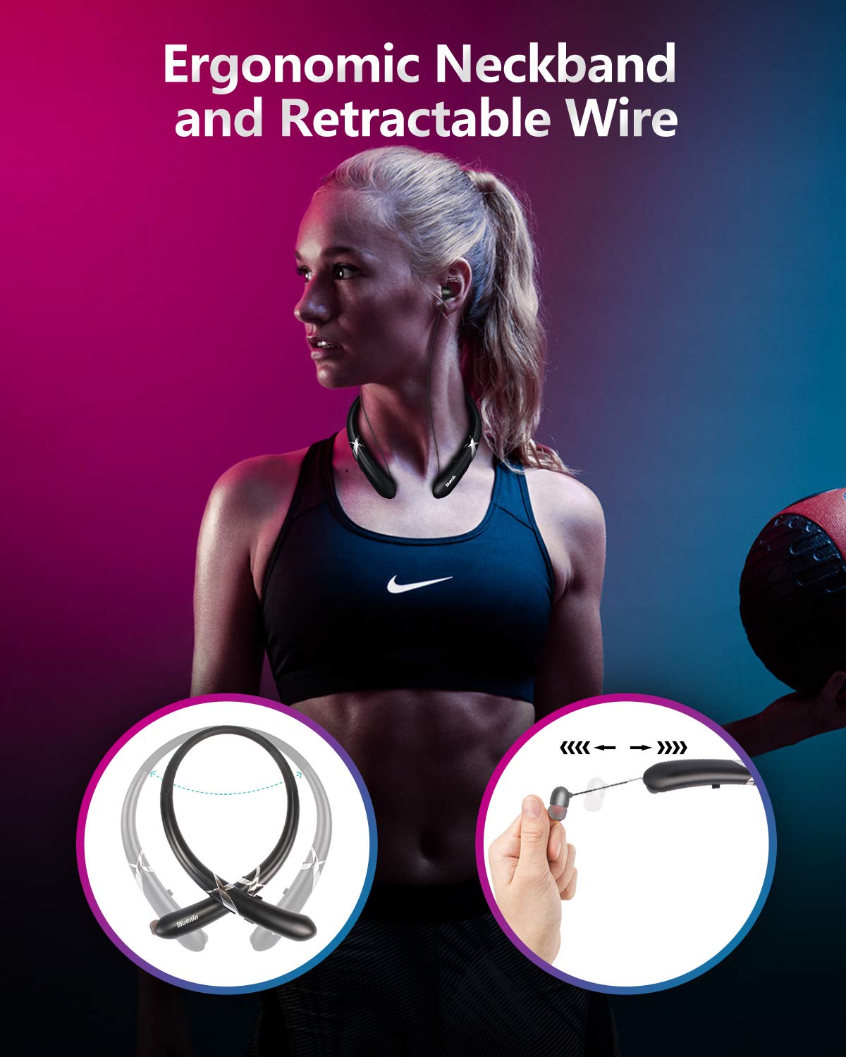 Bluenin Bluetooth Headphones, Bluetooth Neckband Wireless Headphones Bluetooth 5.0 Retractable Earbuds Stereo Headset CVC 8.0 Noise Cancelling Call Vibrate Alert Earphones with Mic (Black)