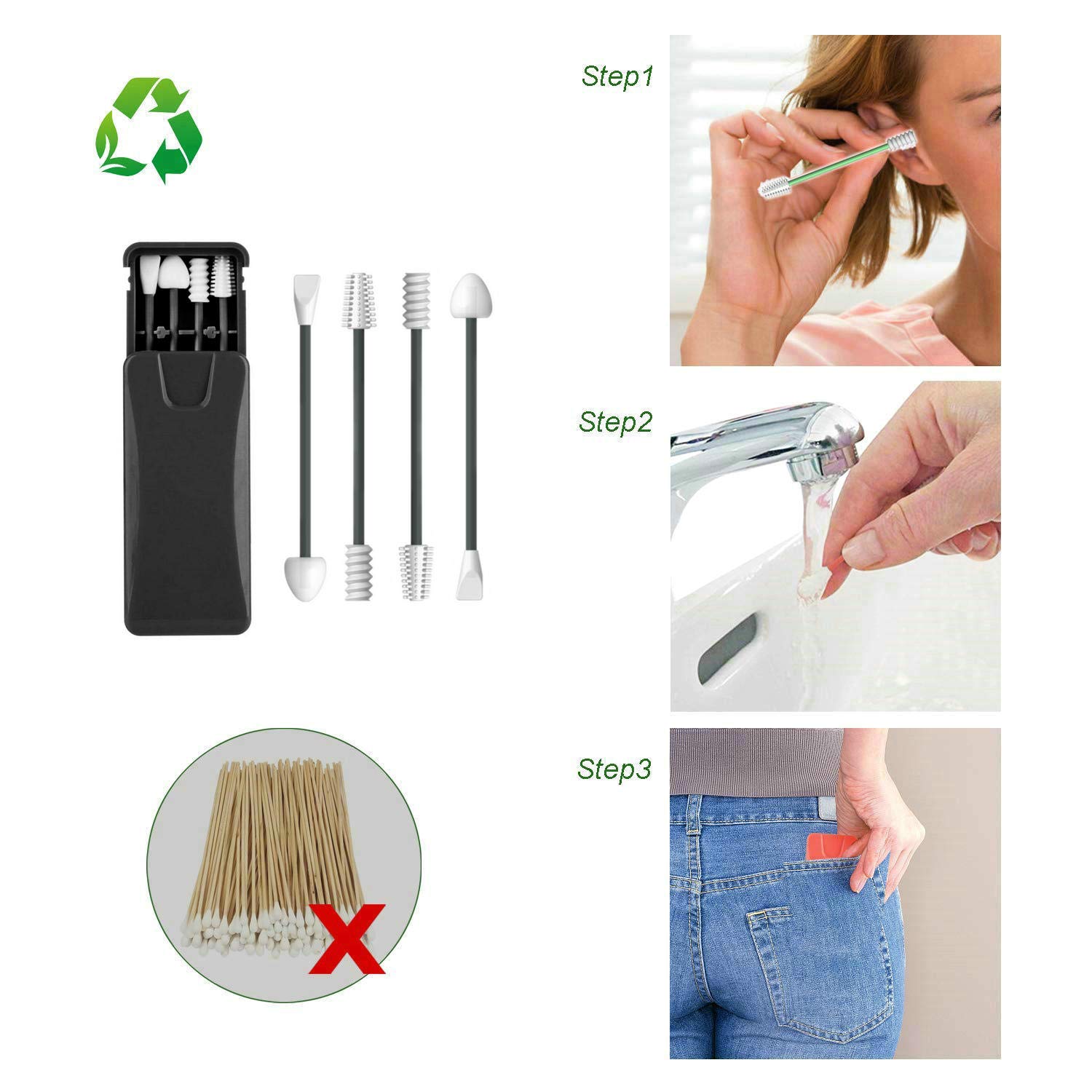 Upgraded Reusable Cotton Swabs 4 Pcs, Uramoto Silicone Ear Swabs Rough Friction Cotton Swabs for Ears Cleaning, Love Shape Swabs for Cosmetic Makeup Beauty-Black