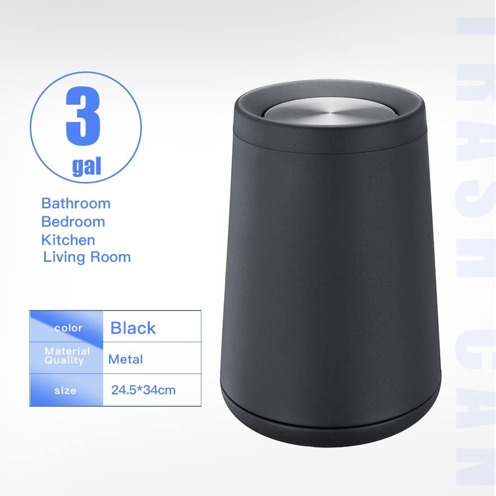 BRIEFHUMAN Household Swing Black Bathroom Trash Can,Brushed Stainless Steel,10 L/3 Gallen,Garbage Can with Flipping Lid, for Indoor or Commercial Use, Kitchen,Modern,Living Room,Bedroom