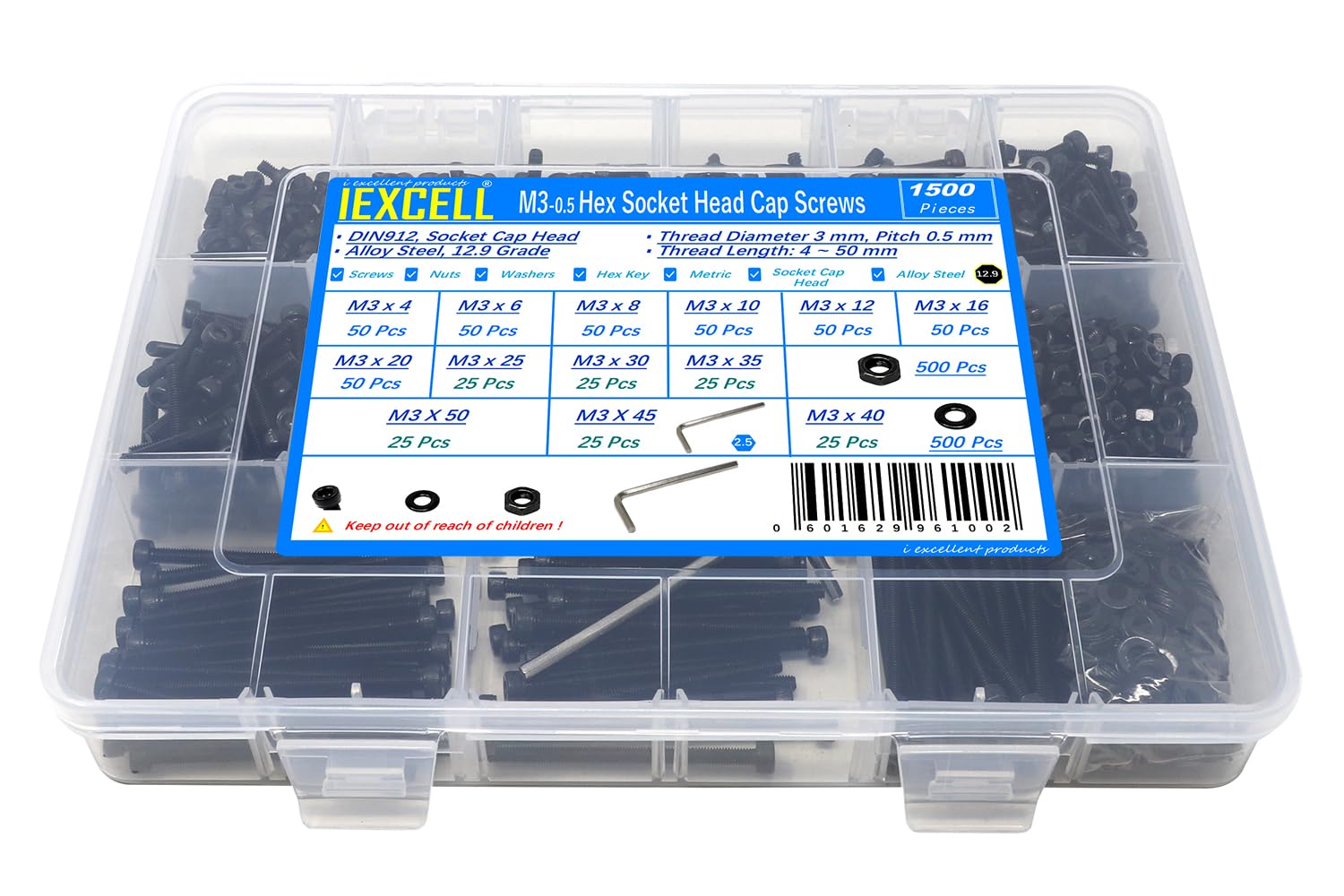 iexcell 1500 Pcs M3 x 4/6/8/10/12/16/20/25/30/35/40/45/50 Alloy Steel 12.9 Grade Hex Socket Head Cap Screws Bolts Nuts Washers Assortment Kit, Black Oxide Finish