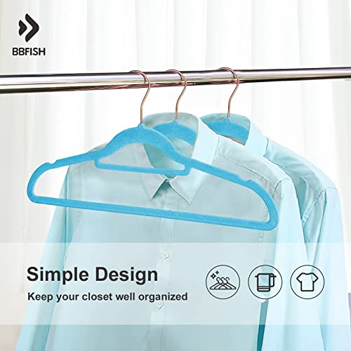 BBFISH Premium Velvet Suit Hangers 50 Pack Non Slip Clothes Hanger, 360 Degree Chrome Swivel Rose Gold Hook Strong and Durable Hold Up to 10 Lbs, Ultra Thin Coat Hangers (Sky Blue)