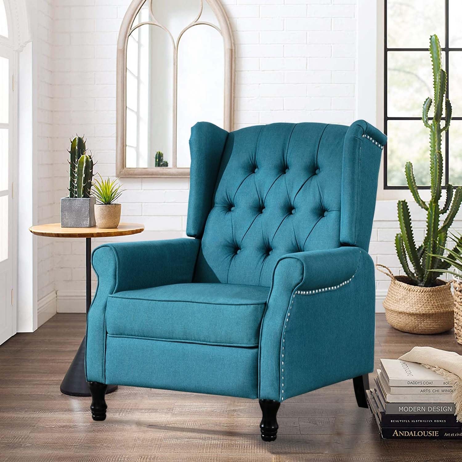 Altrobene Pushback Recliner Chair, Modern Accent Arm Chair, Fabric Wingback Chair for Living Room Bedroom, Blue