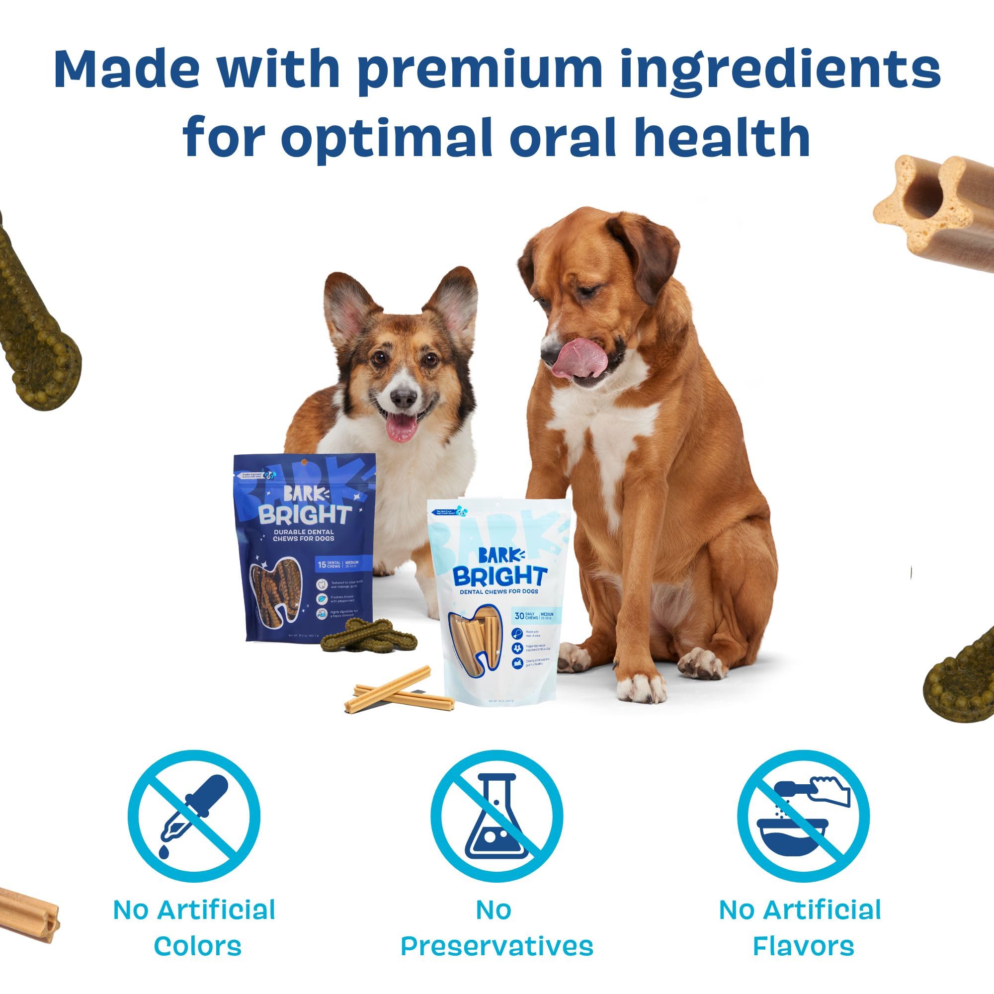 Bark Bright Durable Dental Chew Sticks for Dogs (15 Chews) Made for Tough Chewers - Small Breeds