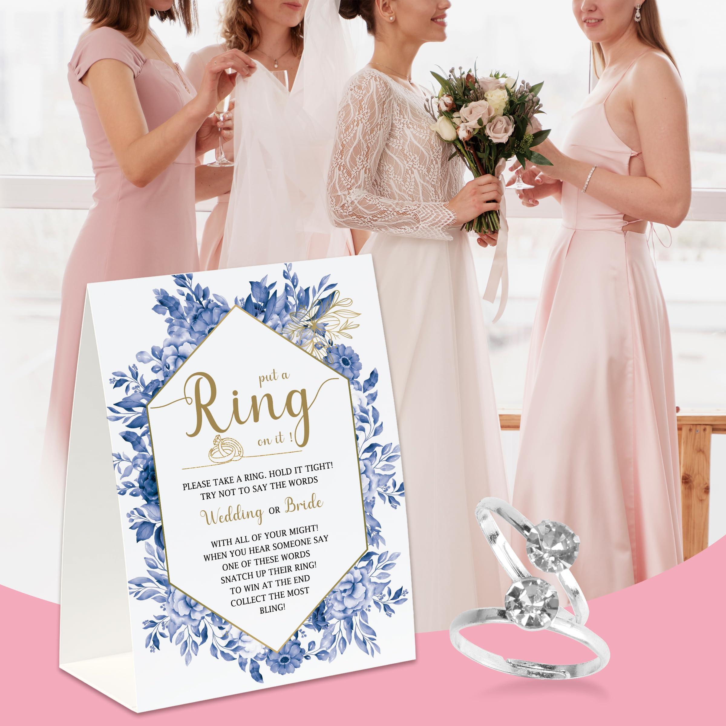 Put A Ring on It Game(50 Rings with One Sign), Don't Say Wedding or Bride Game, Fun Bridal Shower Game, Bridal Shower Decorations Geometric Frame Blue Floral-JZDS06