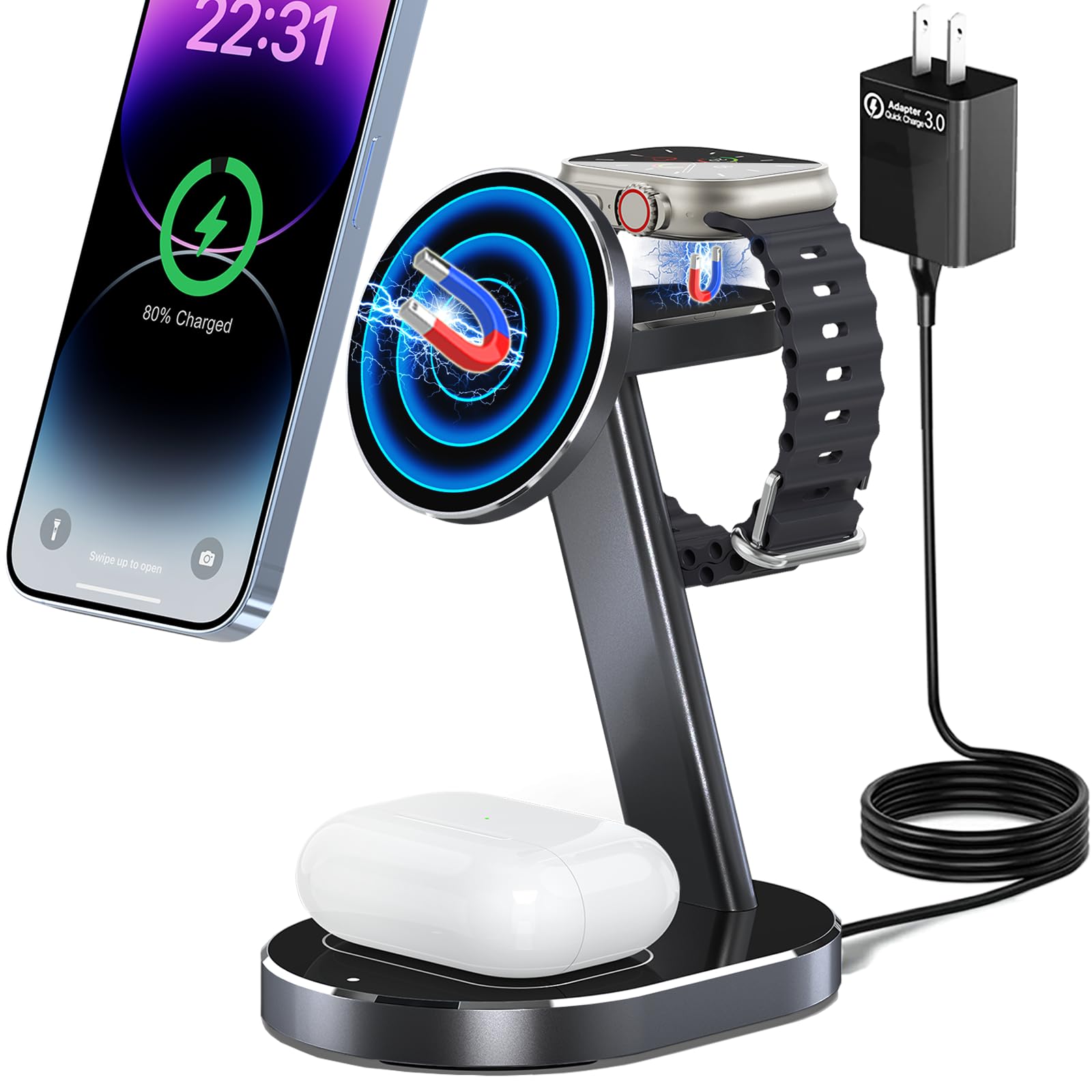 Aluminum Alloy 3 in 1 Magnetic Wireless Charging Station,Fast Wireless Charging Compatible with Magsafe Charger Stand for iPhone 15 14 13 12 Pro/Pro Max/Mini/Plus,Apple Watch 9 8 7 SE 6 5 4 3,Airpods