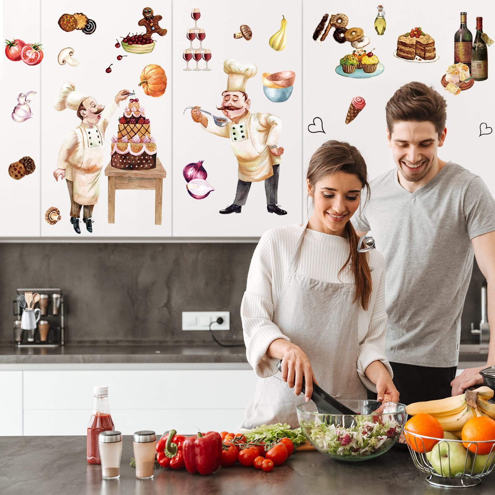 Chefs Peel and Stick Wall Decals Italian Fat Chefs Wall Stickers Cooking Wall Sticker Wine Cake for Kitchen Restaurant Dining Room Home Wall Decoration, 6 Sheets