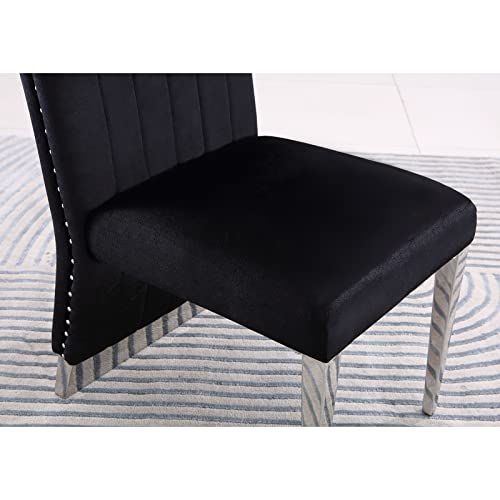 AZhome Dining Chairs, Black Velvet Upholstered Dining Room Chairs with Nailhead Trim and Silver Mirror Stainless Steel Legs, Set of 2