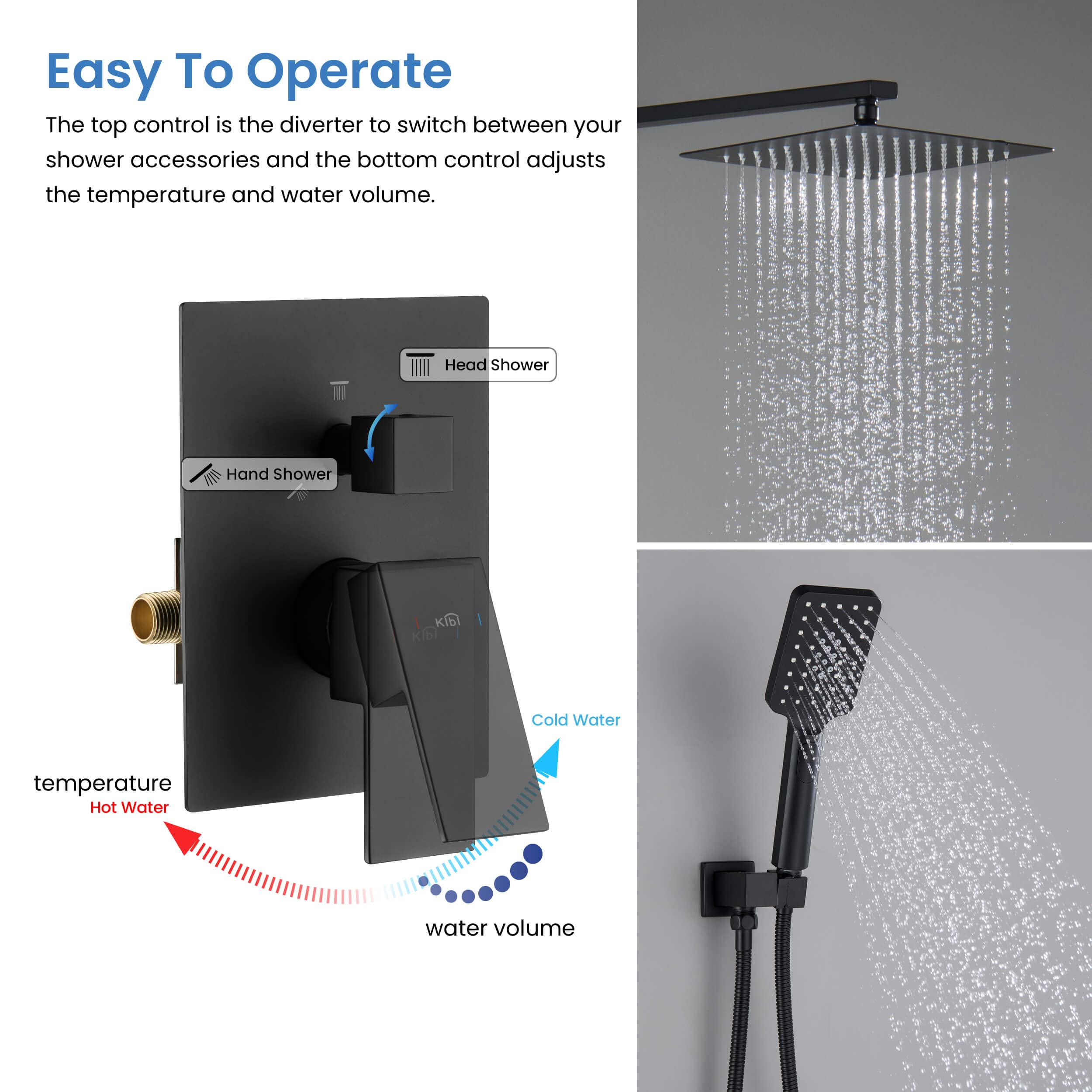 KIBI Cube Bathroom Shower System | 2-Function Wall Mounted Shower Faucet Set with Solid Brass Pressure Balanced Valve | Three Hand Shower Modes | 15-inch Long Shower Arm | Matte Black (KSF405)