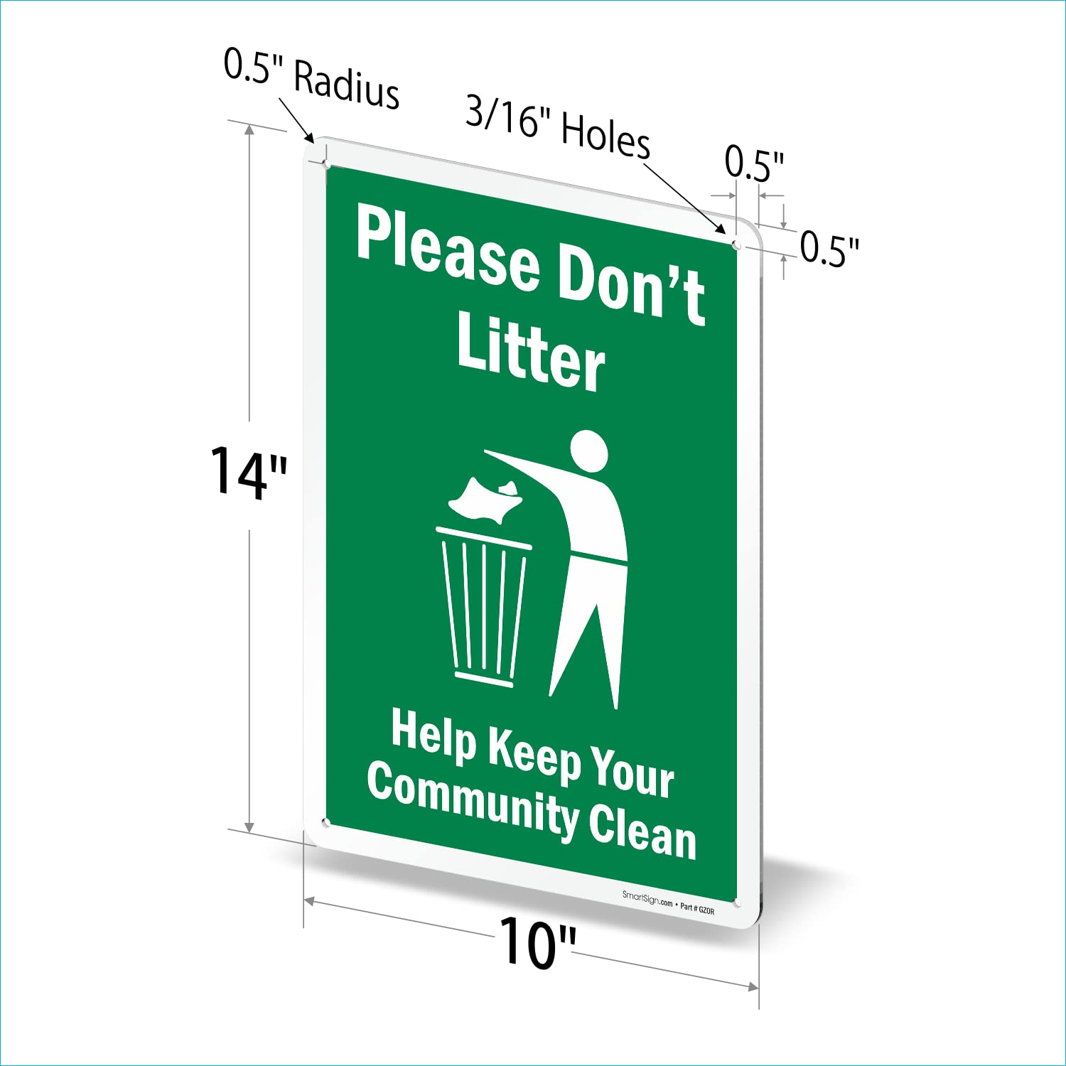 SmartSign 14 x 10 inch “Please Don't Litter - Help Keep Your Community Clean” Metal Sign, 40 mil Laminated Rustproof Aluminum, White and Green, Made in USA