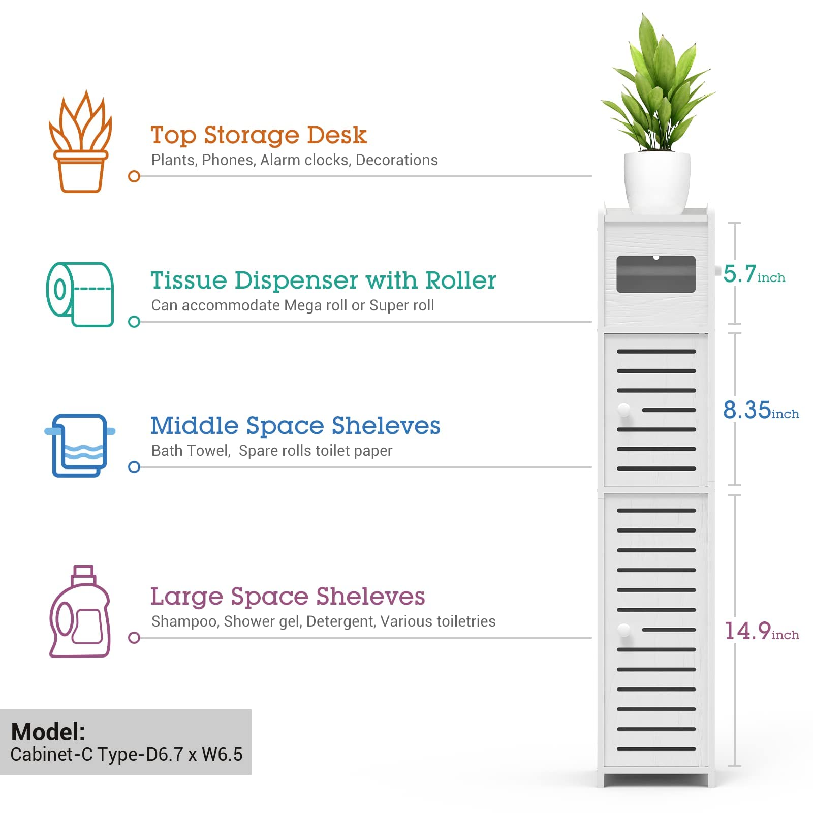 Bathroom Storage Cabinet for Small Space with Doors and Shelves, 4-Tiers Narrow Bathroom Cabinet,Waterproof Toilet Paper Storage Organizer with Toilet Paper Roller,Accommodate Mega Rolls(White 2Pack)