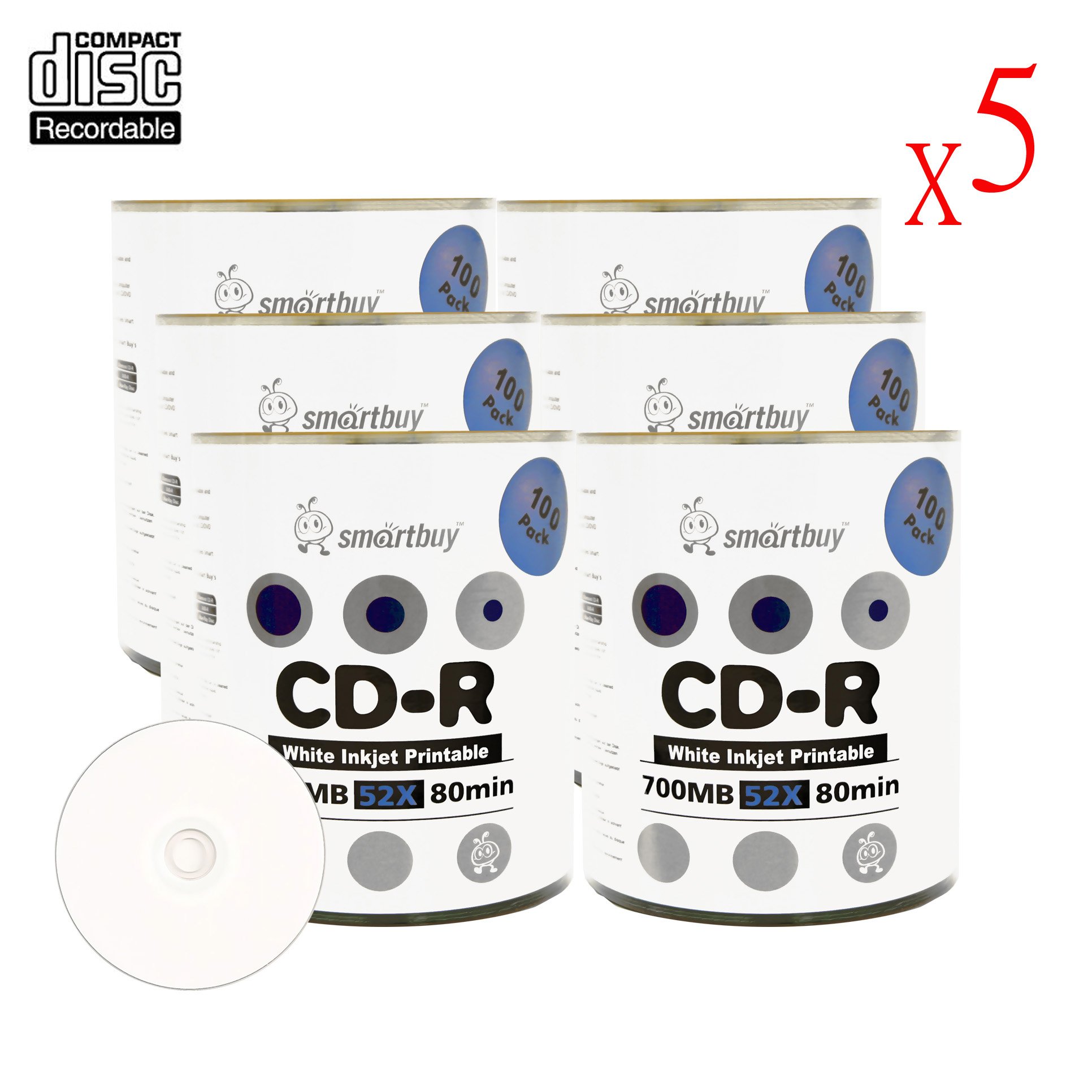 Smartbuy 3000-disc 700mb/80min 52x CD-R White Inkjet Hub Printable Blank Recordable Media Disc