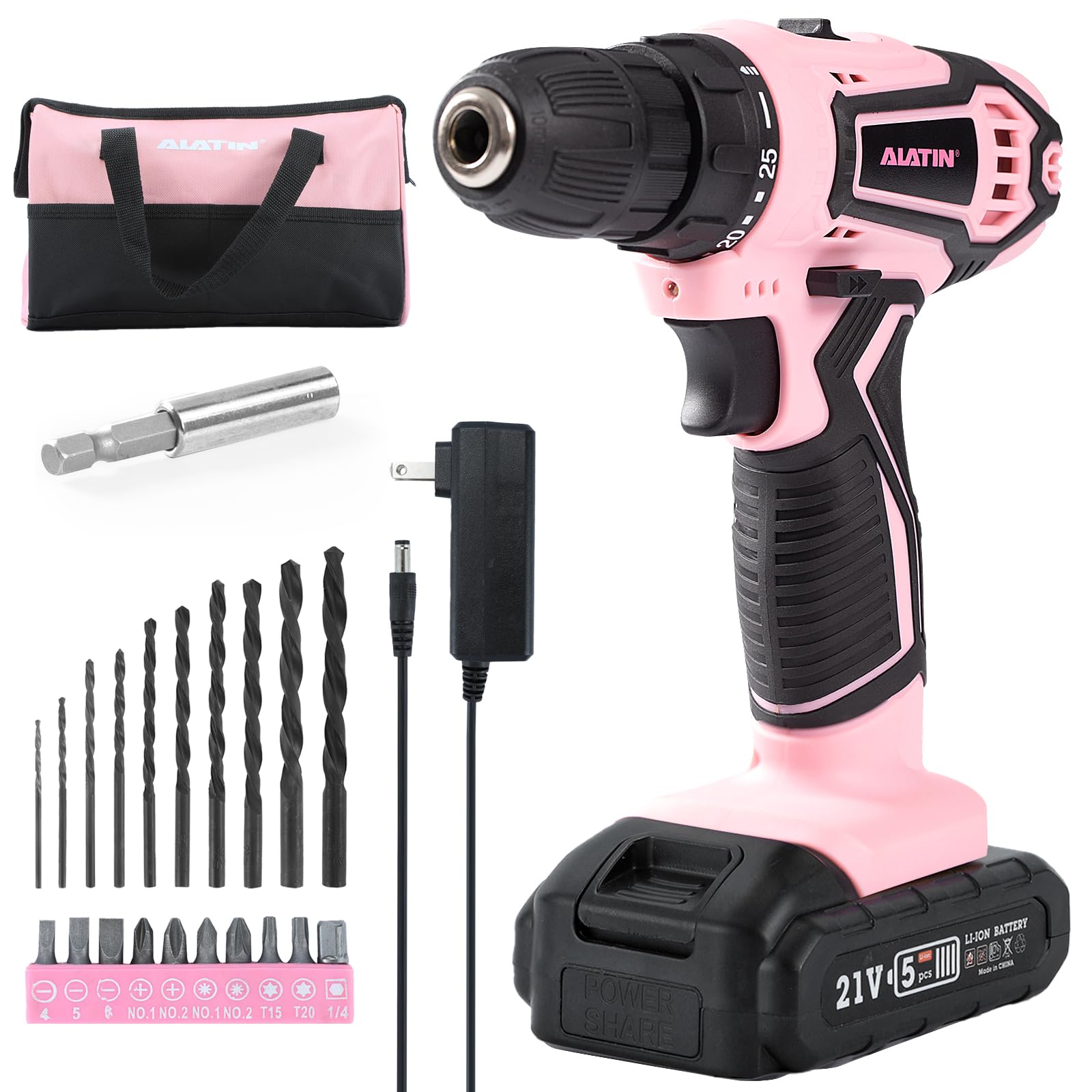 ALATIN Pink Cordless 21V Lithium-ion Drill Driver Set, 1 Battery, Charger and Storage Bag Included - Pink Ribbon