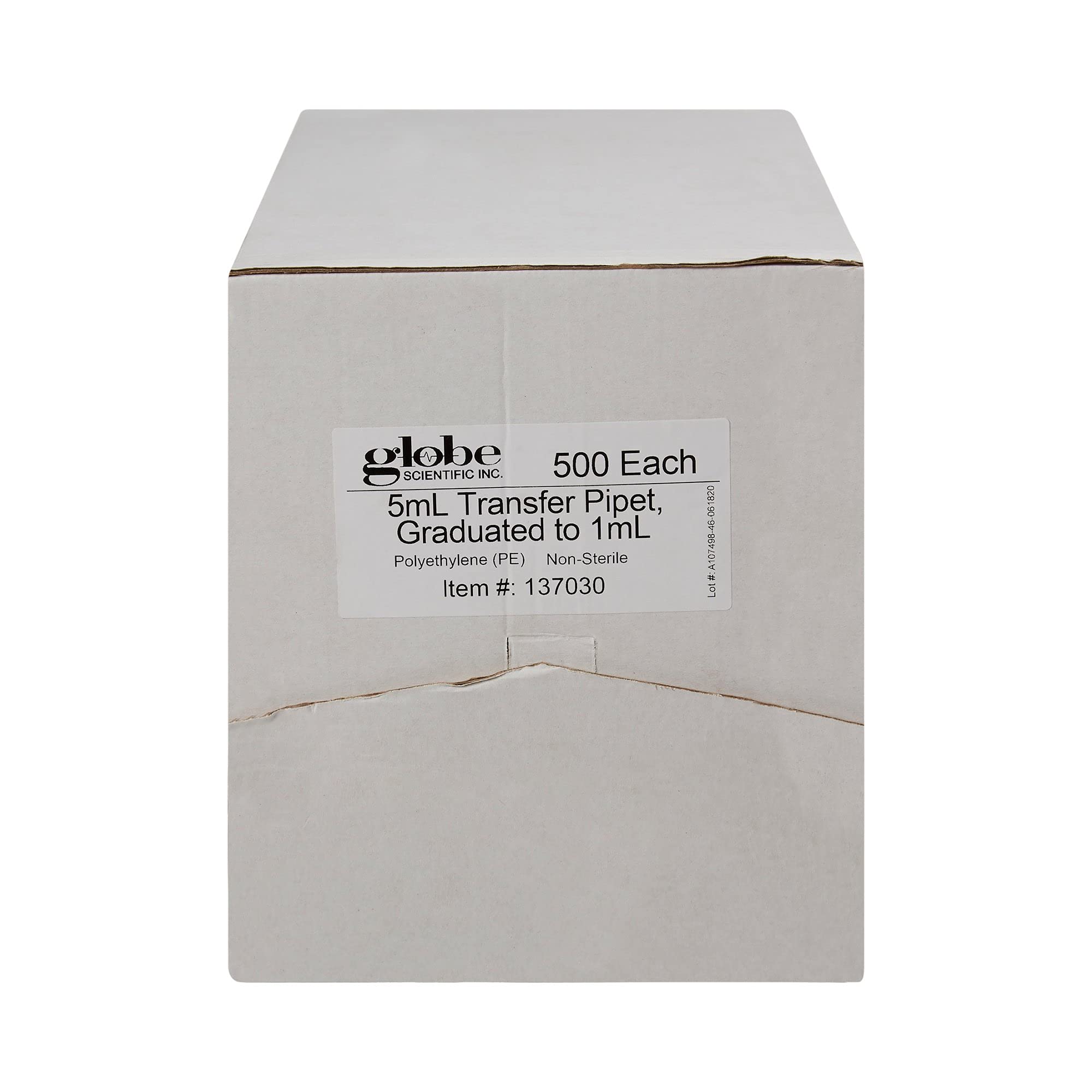 Globe Scientific Transfer Pipet, 137030-500, 5.0mL Capacity, Large Bulb, Non-Sterile, Graduated to 1mL, 145mm Length, Bulb Draw - 3.4mL, 500/Box
