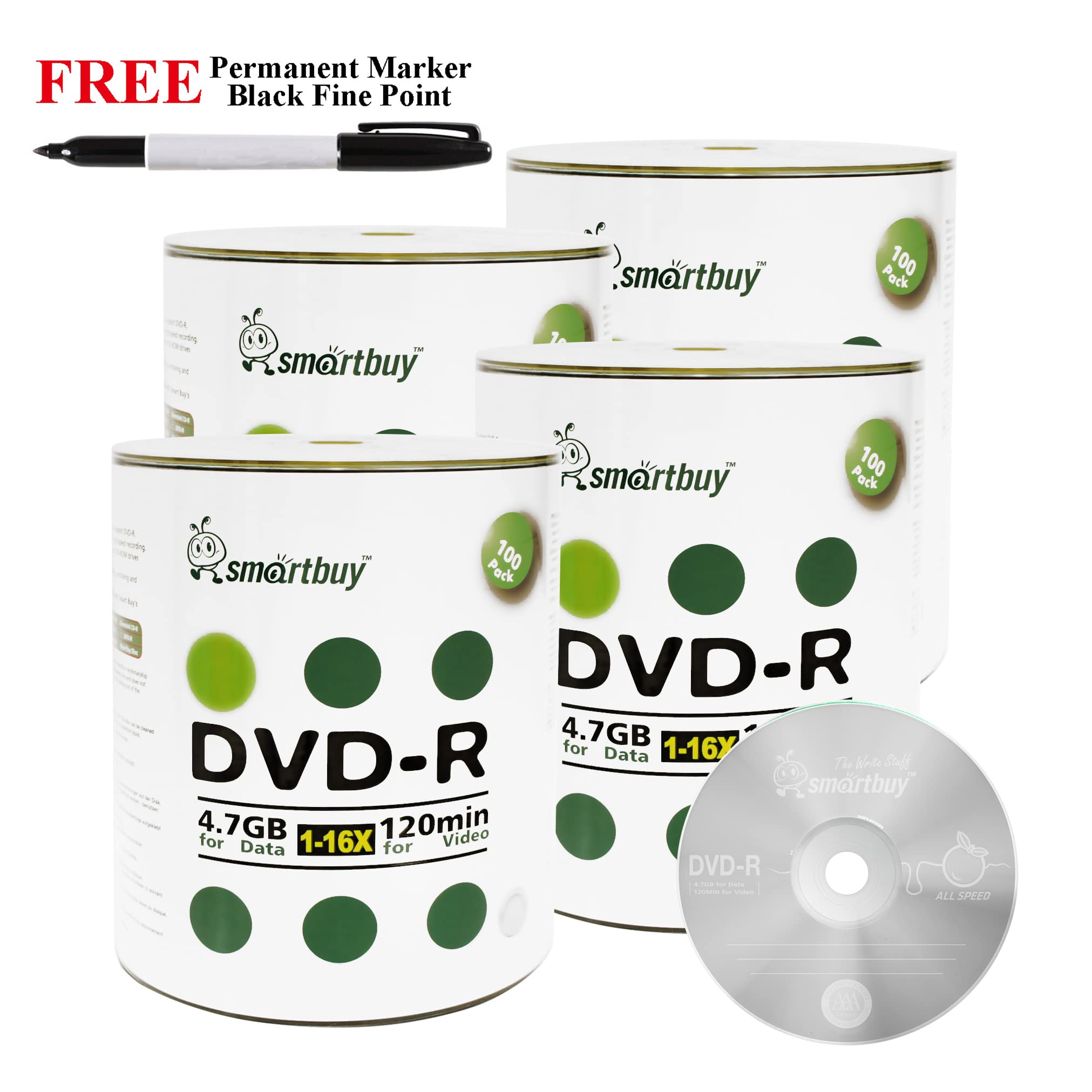 Smartbuy 400-disc 4.7GB/120min 16x DVD-R Logo Top Blank Media Record Disc + Black Permanent Marker