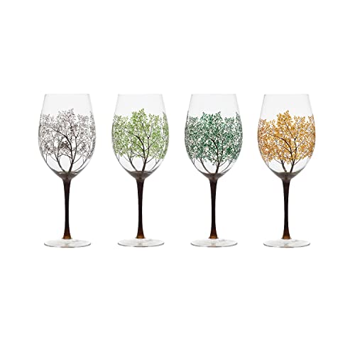 ART & ARTIFACT Four Seasons Tree Wine Glasses Set of 4 Unique Hand Painted Wine Glasses with Stem, 10 Inch, 22 Ounce