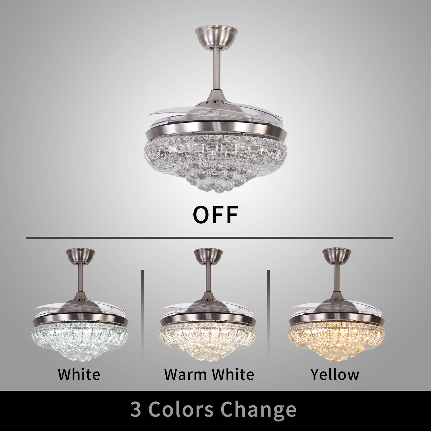 Ainfox 42" Crystal Ceiling Fan with Light, 4-Blades Chandelier Ceiling Fan with Remote Control, 3 Speeds Invisible Retractable Modern LED Fan for Living Room, 3 Light Change Timing Function
