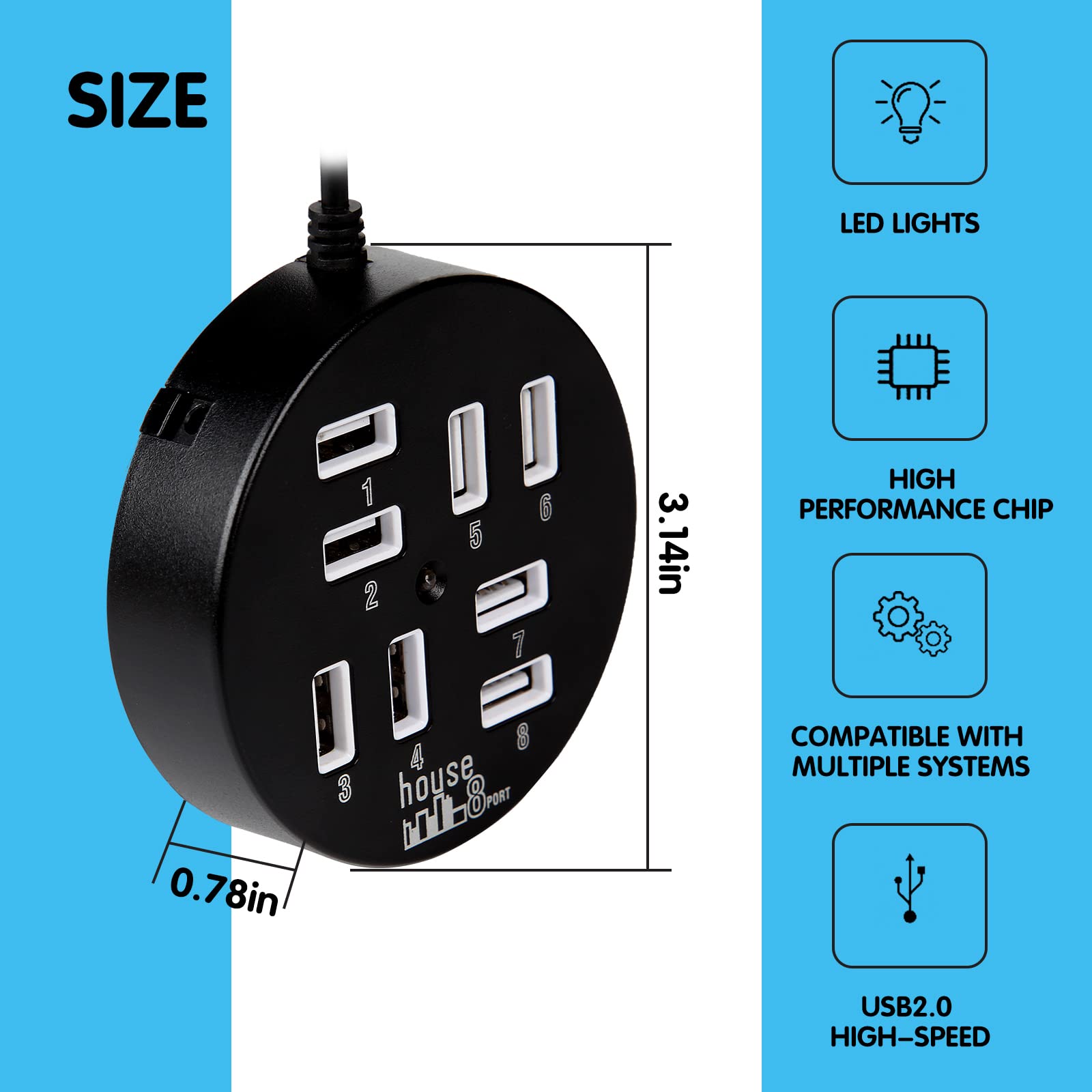 8 Ports USB Charger, Multi-Port Data Transmission Splitter, USB 2.0 Hub Round Shape Adapter with LED for Phone, USB Flash Disk, PC, Tablet, and Other USB Devices