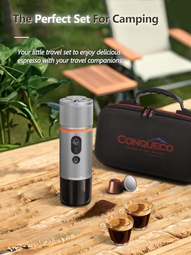 CONQUECO Portable Espresso Coffee Machine: 12V Electric Small Travel Expresso Maker - Self Heating 8 Cups Battery Powered Compatible for Nespresso Capsule - for Camping RV Hiking Office (w/Handbag)