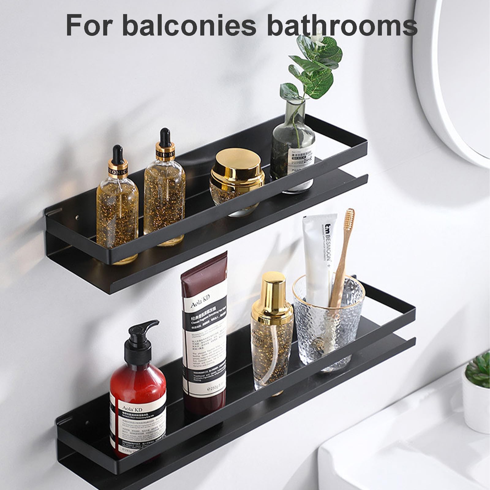 YANYYGu Wall Mounted Rectangular Storage Shelf for Bathrooms, Waterproof and Rustproof Bathroom Shower Caddy, Kitchen Spice Rack, Nail-Free Installation(8 Inch Black)