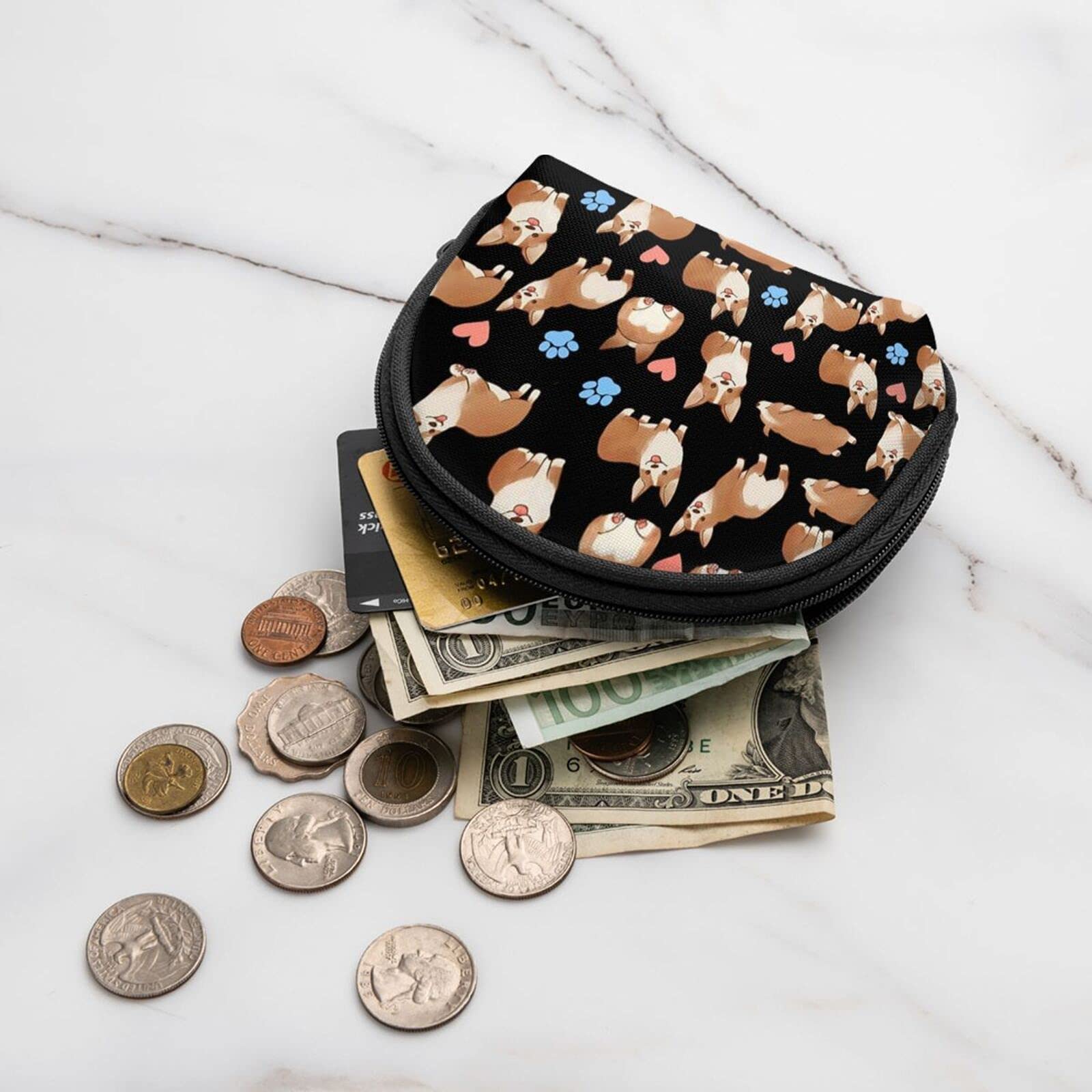 Cute Corgi Dog Canvas Small Coin Purse Pouch Change Wallet Card Holder with Zipper for Women Girls Gift