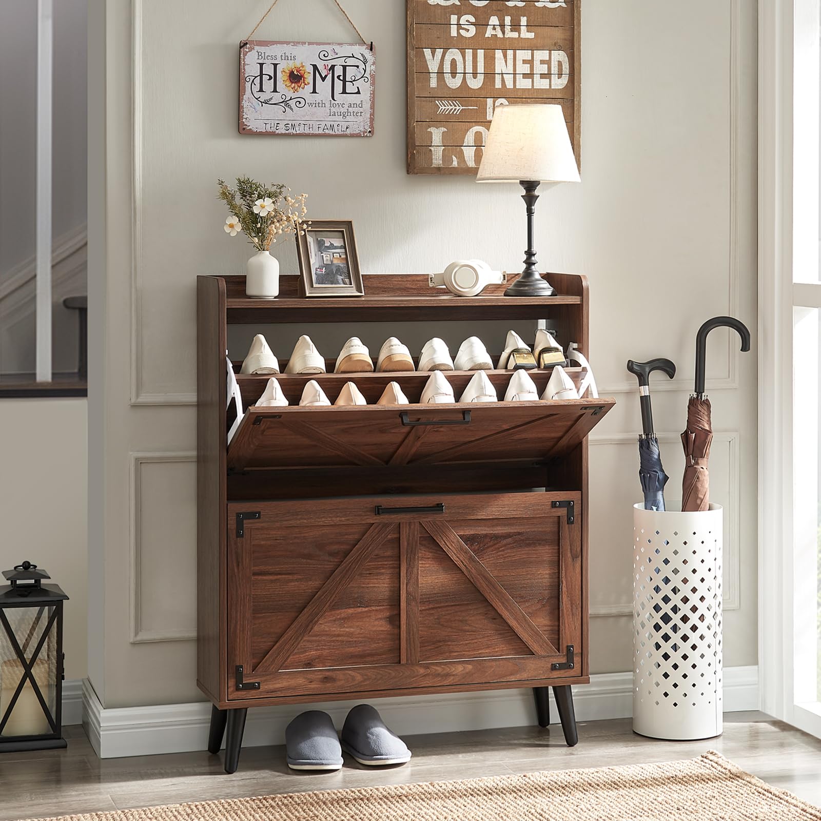 Barnyatoh Shoe Storage Cabinet with 2 Flip Drawers, Farmhouse Hidden Shoe Organizer, Narrow Slim Shoe Rack Cabinet for Entryway Hallway,Brown