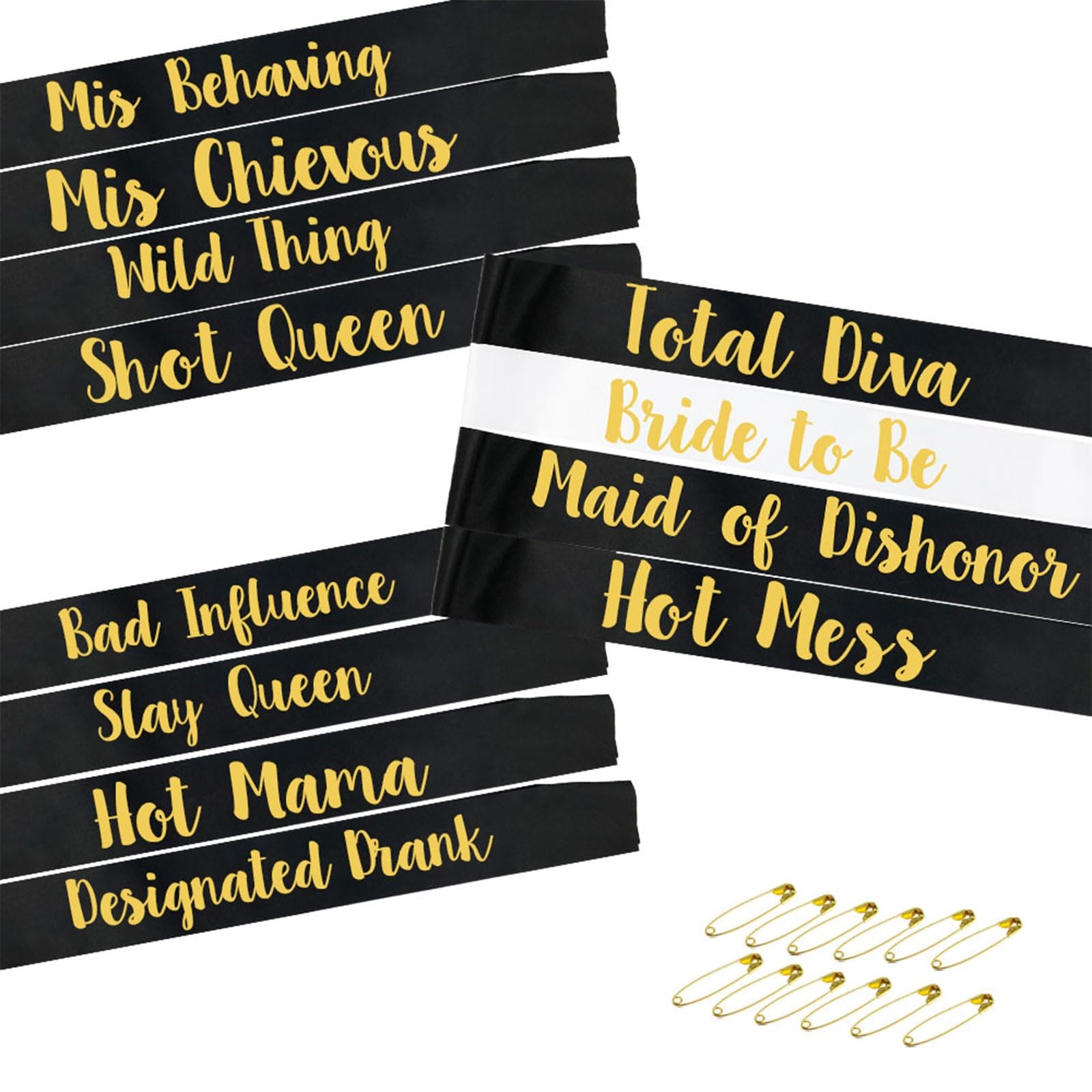Bachelorette Sash Set (12 pcs) - Bride to Be Sash Bachelorette Party Decorations - Unique Bride and Bridesmaid Sashes for Bachelorette party (Black, Gold letters). Ideal Bridal Shower Supplies