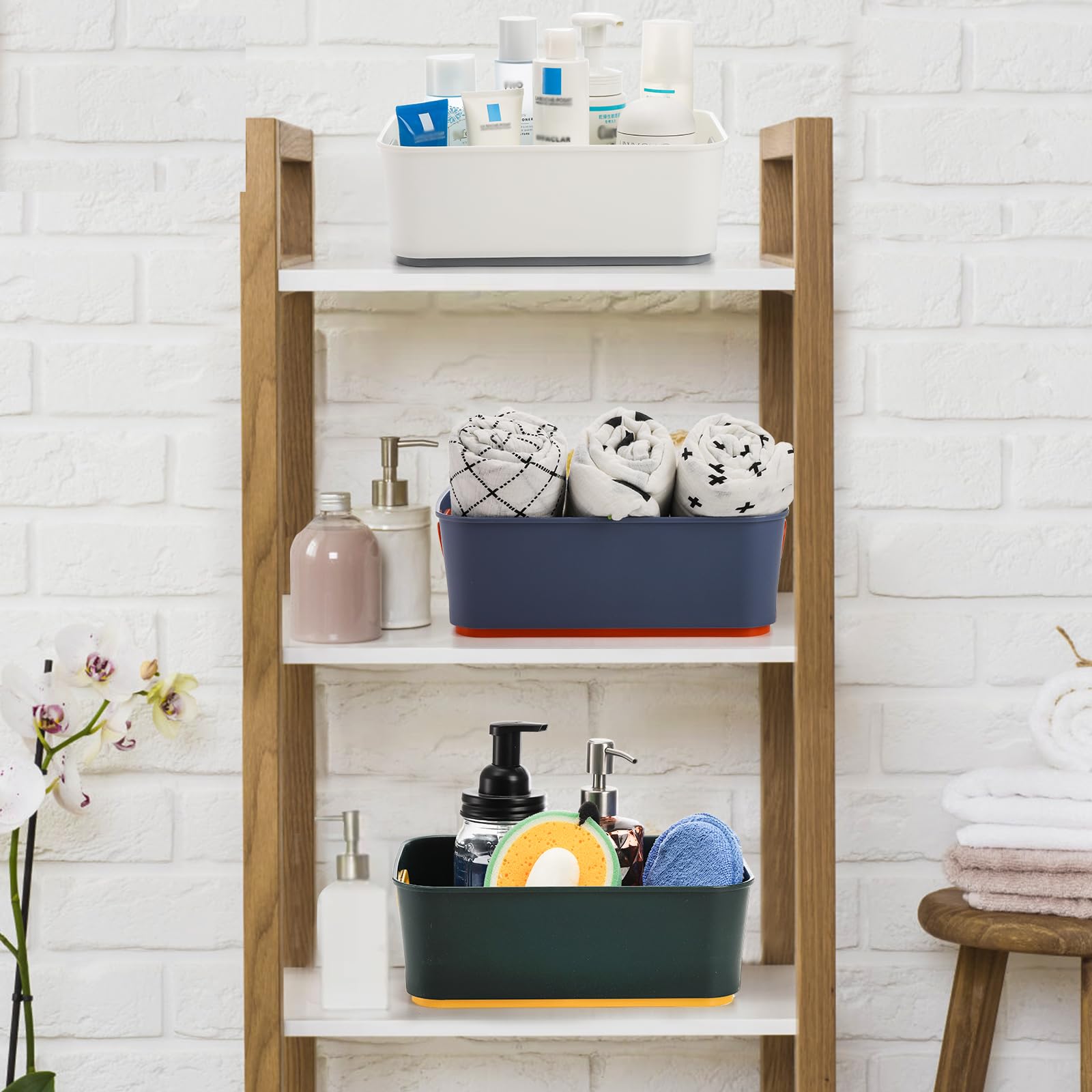 Youeon 3 Pack Plastic Storage Basket with Handle, 10 x 8 x 4 Inches Plastic Storage Bins, Plastic Storage Containers, Shelf Baskets for Laundry Room, Bedroom, Pantry, Office, Classroom