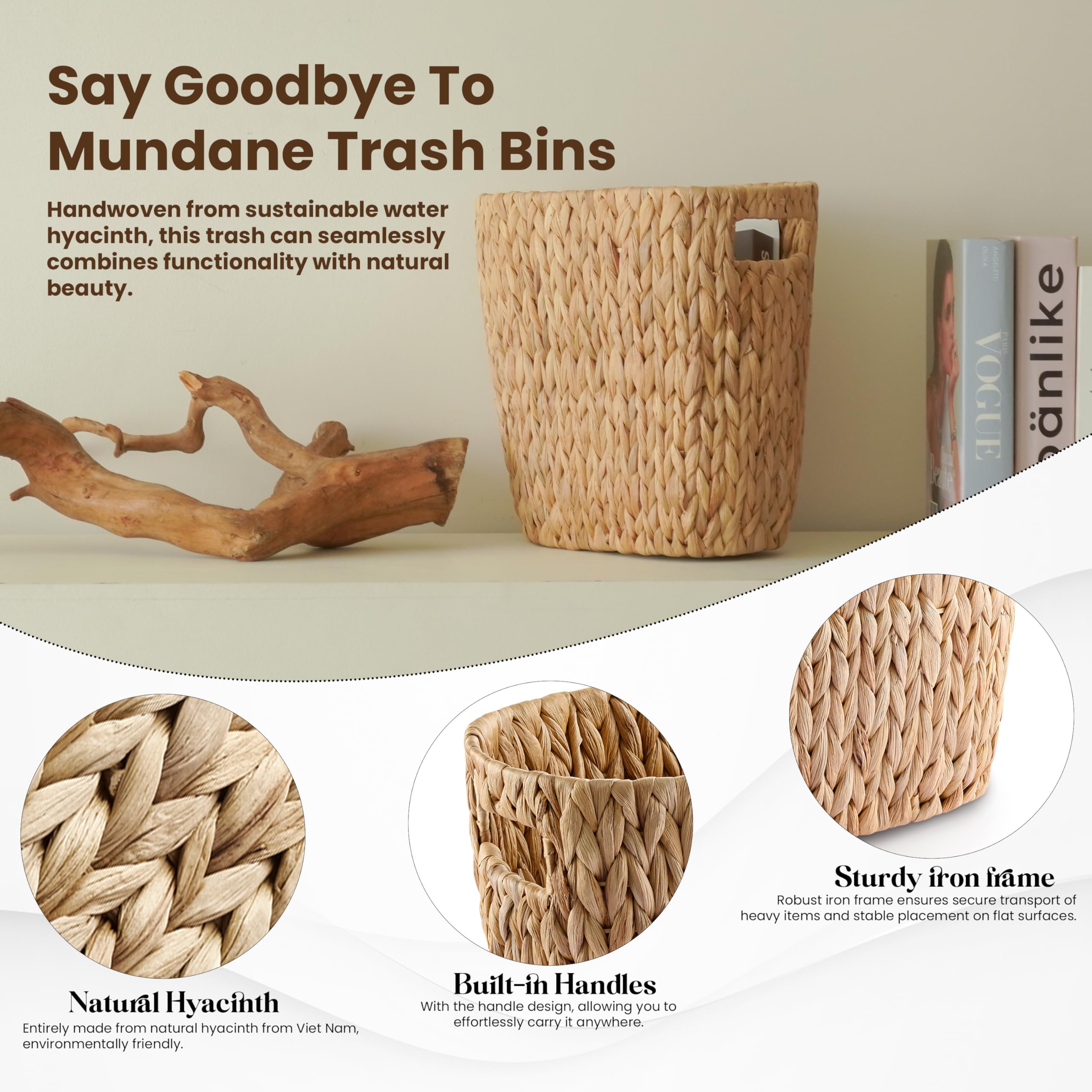 TIDITA 3.2 Gallons Wicker Waste Basket - Trash Basket with Handles - Wastebaskets for Bedroom, Bathroom, Kitchen, Living Room, Office - Handwoven Trash Can for Under Sink, Garbage Can (Water Hyacinth)