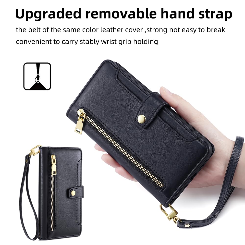 Arseaiy Wallet Case for OPPO Realme X50 Pro Flip Phone Case with Crossbody Strap Magnetic Handbag Zipper Pocket PU Leather Shockproof with Kickstand Phone Shell Black