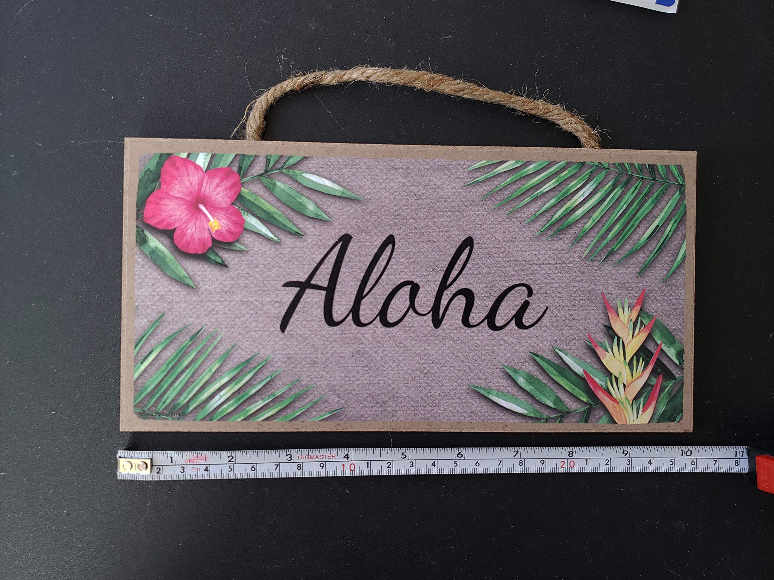 Aloha Hanging Wood Sign - Small Hawaiian Tropical Wall Decor Plaque - 10 x 5 Inches