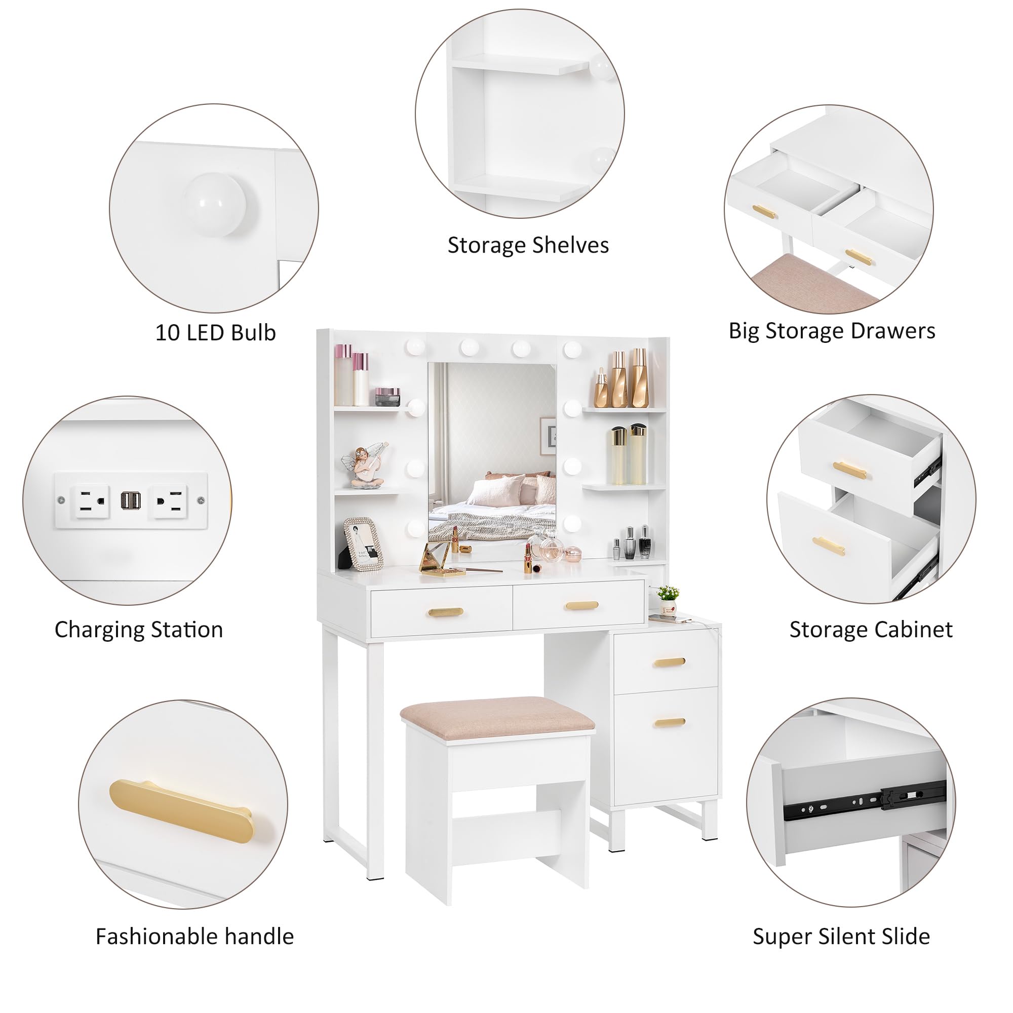 ANWBROAD Makeup Vanity Desk Vanity Set with 10 LED Bulbs Lighted Mirror Makeup Vanity Table Set with Charging Station Nightstand 3 Colors Modes Dimming Cushioned Stool Large Mirror White UBDT53W