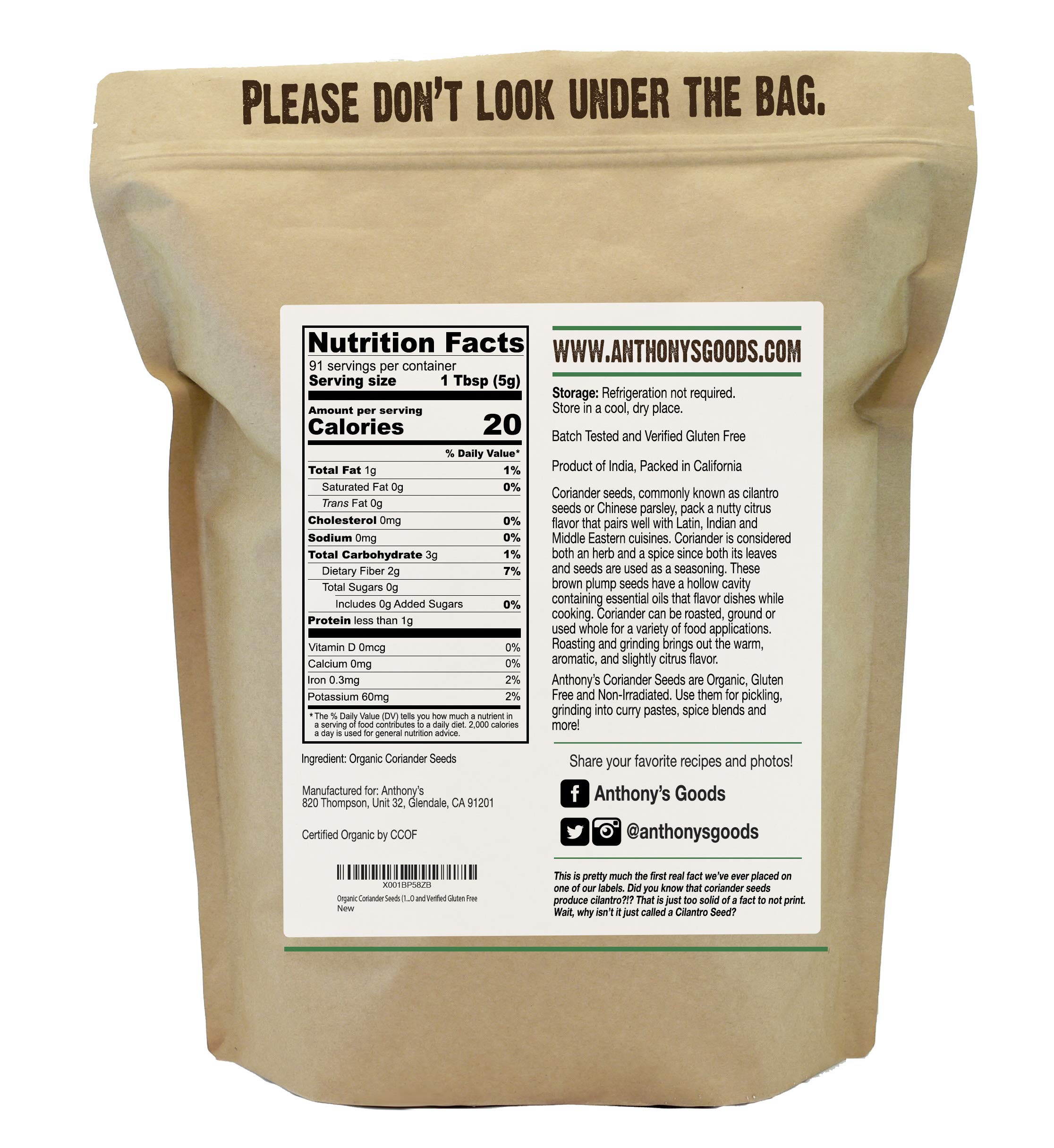 Anthony's Organic Coriander Seeds, 1 lb, Gluten Free, Non GMO, Non Irradiated, Keto Friendly