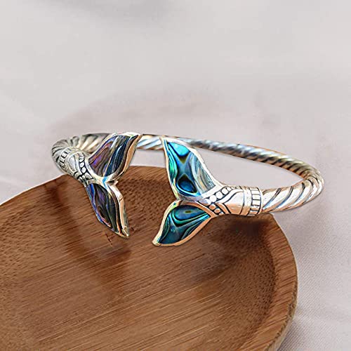 Abalone Shell and Mermaid Tail Bangle Bracelet Adjustable Bangle Open Hand Chain for Women, Birthday Charms, Shiny Finish
