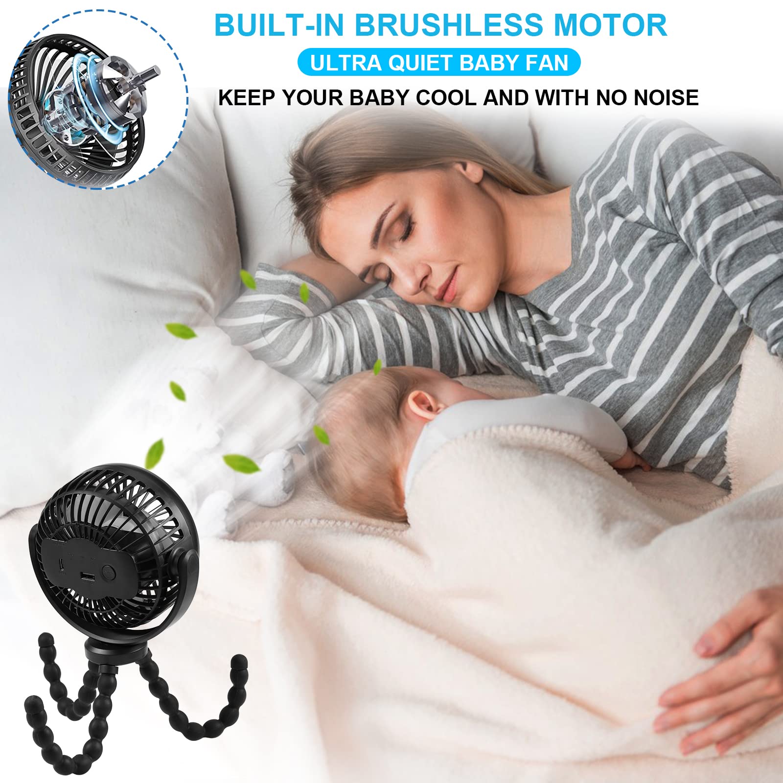 GTIPPOR Portable Stroller Fan,10000mAh Batterry Operated USB Fan,3 Speeds Handheld Personal Fan with Flexible Tripod Clip on Desk Fan for Baby Stroller Car Seat
