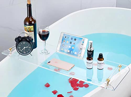 Bathtub Rack - Clear Acrylic Tray with Handles to Hold Book, Phone, Candles, Food, Wine & Tablet - Waterproof Caddy, Wide Frame, Fits Most Bath Tubs - Bathroom Accessories, Luxury Gifts for Women