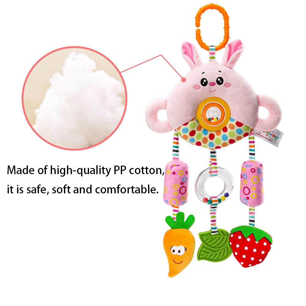 D-KINGCHY Baby Car Seat Stroller Toys Hanging Animal Plush Toys Soft Teething Rattle Toys Newborn Crib Bed Around Stuffed Toy with Wind Bell, Teether, Rattle Sound, Ring for 0-3 Years Old (Rabbit)