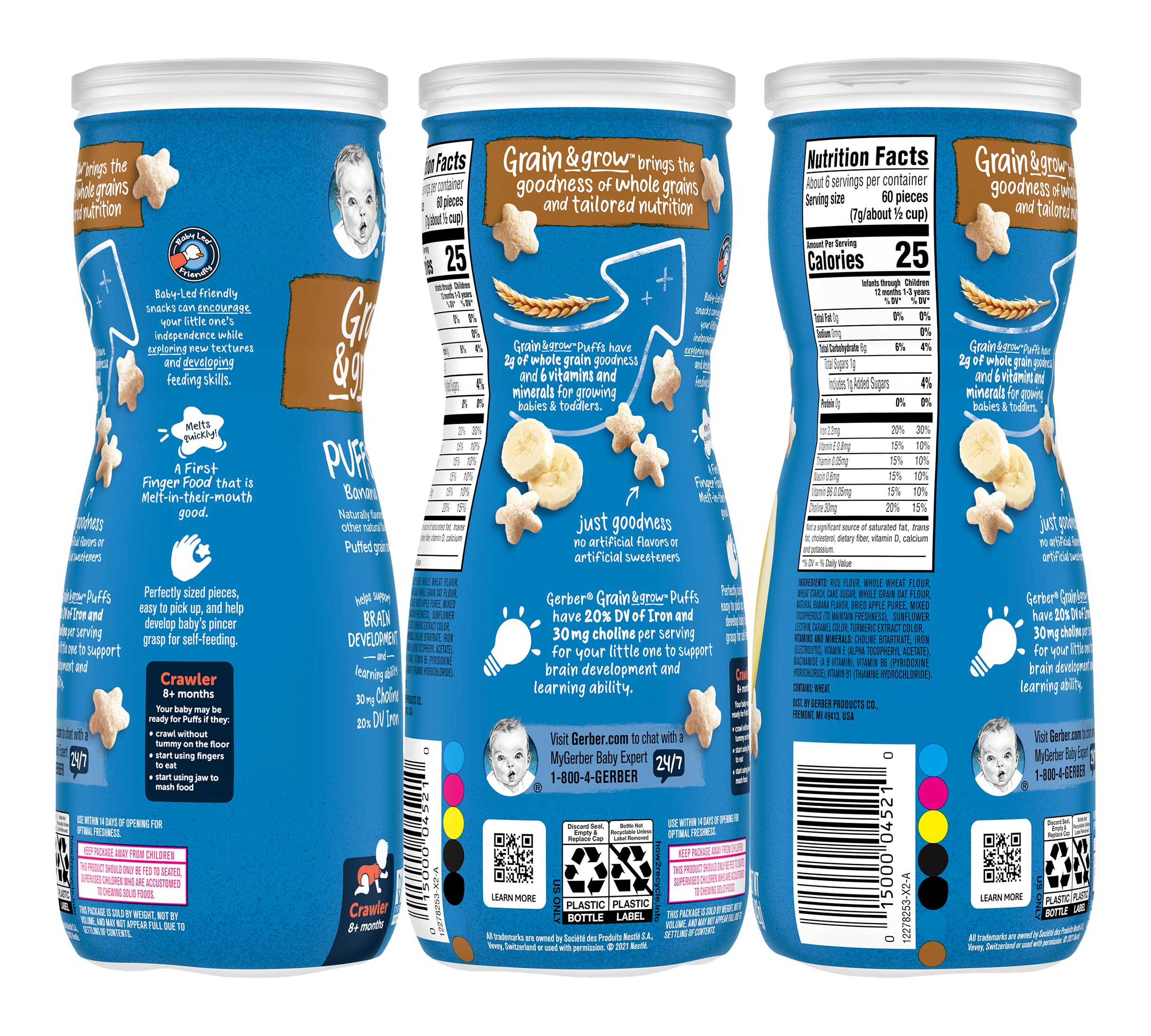 Gerber Graduates Puffs Cereal Snack, Banana and Strawberry Apple, 6 Count