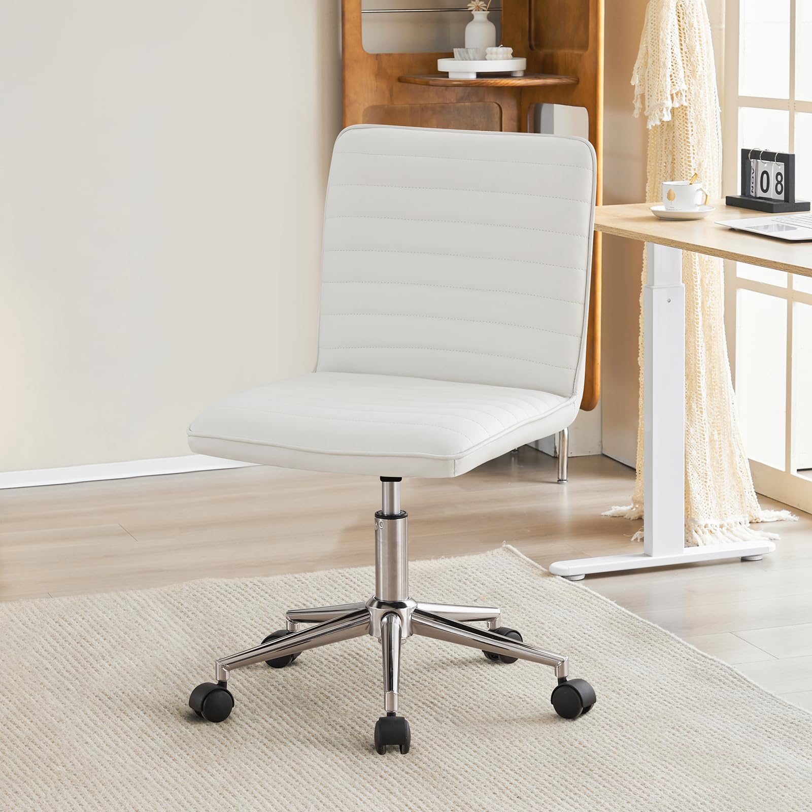 Furnimart Faux Leather Mid-Back Armless Office Desk Chair Adjustable Task Chair Home Office Chair Small Swivel Chair Dorm Chair with Smooth Casters (PU White)