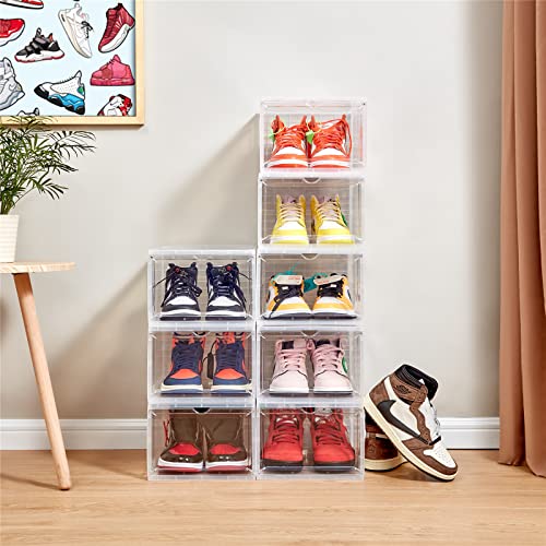 Drop Front Shoe Box,Set of 8 , Stackable Plastic Shoe Box with Clear Door, As Shoe Storage Box and Shoe Containers for Sneaker Display,Clear Shoe organizer and cases with lids, Fit up to US Size 12(13.4”x 9.8”x 7.1”)Clear