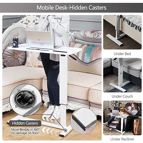 BeGyoku Overbed Table,Hospital Bed Table,Pneumatic Bed Tables Adjustable Over The Bed with Hidden Wheels&USB Port,Mobile Laptop Table Cart and Rolling Bedside Table with Tray Hospital Home Use-White