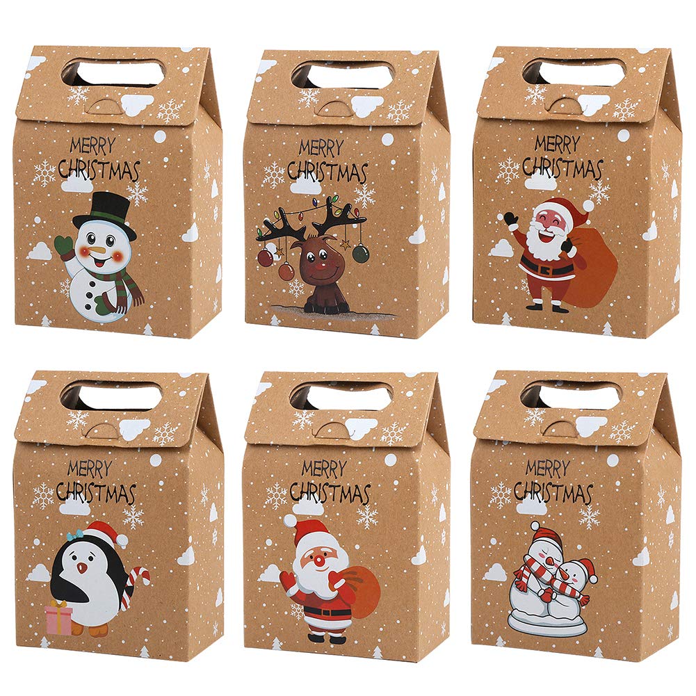 CCINEE 24 PCS Christmas Kraft Paper Bags, Kraft Cookies and Candy Bags Santa Claus Reindeer Xmas Folding Kraft Bags for Kids Party Favor Holiday New Year