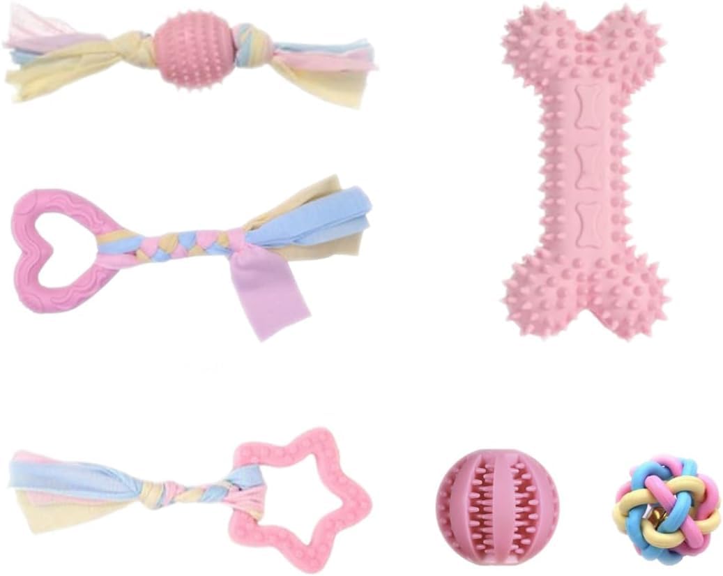 Bambinom Puppy Chew Toys, 6 Pack Puppy Teething Toys for Small Breed, Soft Rubber Cute Pink Dog Toys, Eco-Friendly, Teeth Cleaning Interactive for Small Dogs