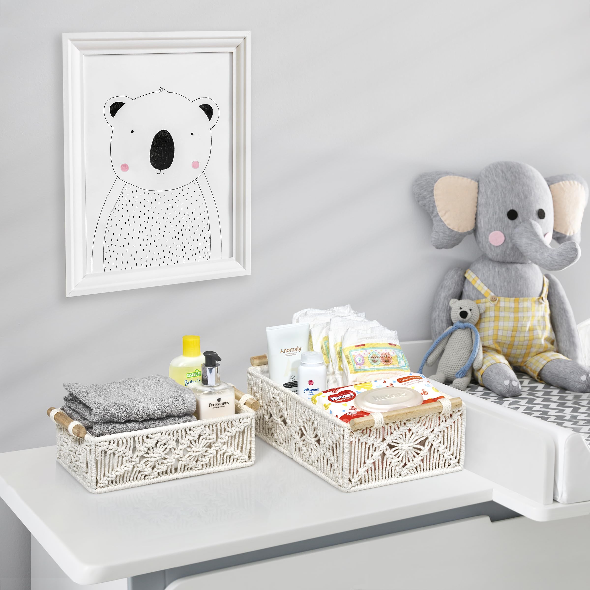 Sorbus Macrame Boho Decor Baskets - 2 Decorative Gift Baskets for Nursery, Baby Room, Toilet Tank Top - Lined Baby Basket Set for Organizing Changing Station, Linens, Clothes, Diapers, Toiletries