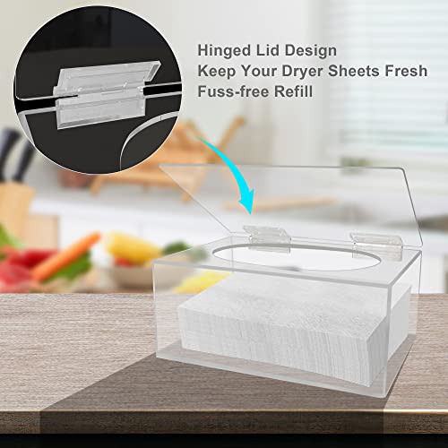Dryer Sheet Dispenser with Hinged Lid,Acrylic Laundry Dryer Sheet Holder, Dryer Sheets Container for Fabric Softener Sheets, Tissue Box, Container Storage Box for Laundry Room Décor (Clear)