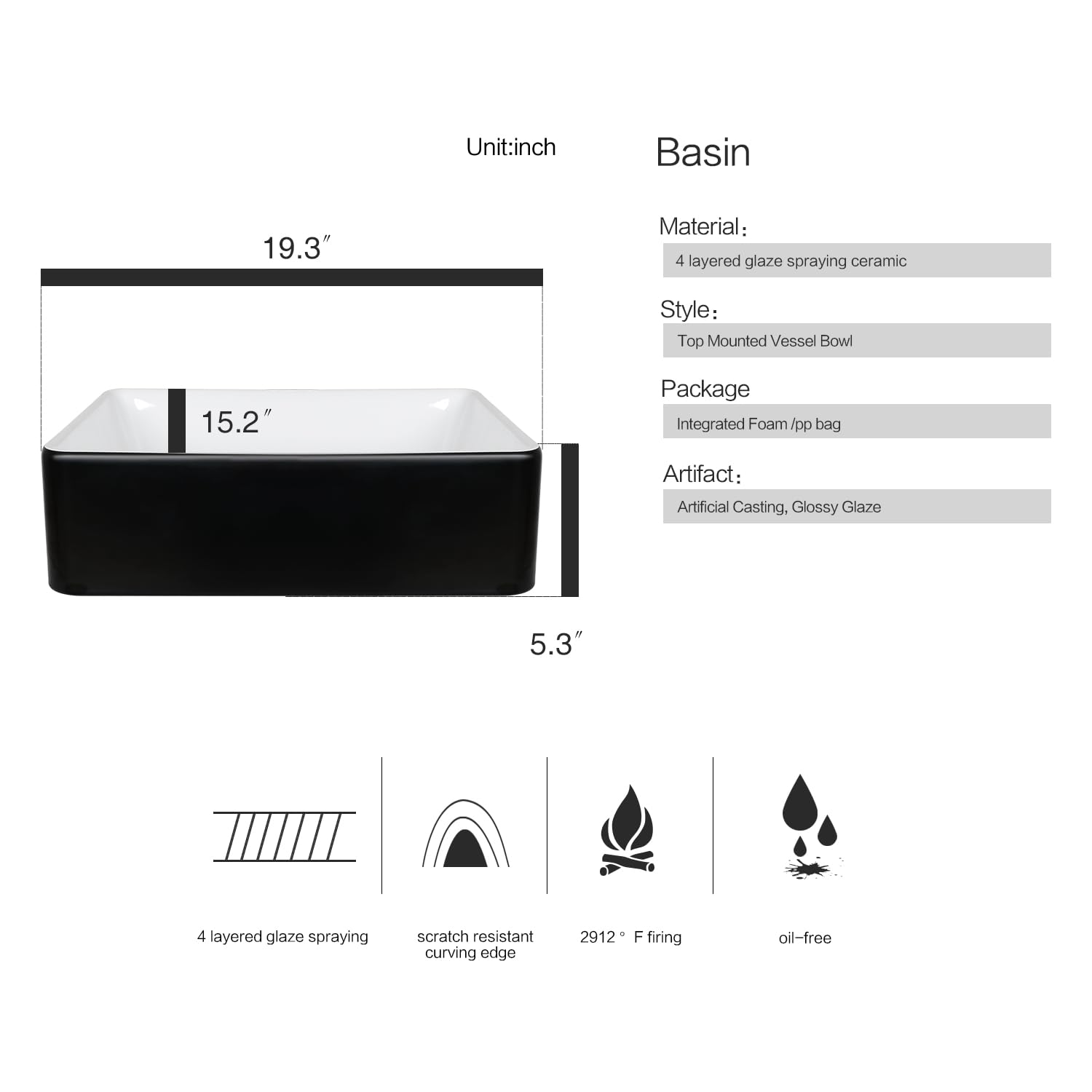 Puluomis Black and White Ceramic Bathroom Sink, 19" x 15" Above Counter Porcelain Vessel Sink with Black Faucet and Pop up drain Combo, Rectangle