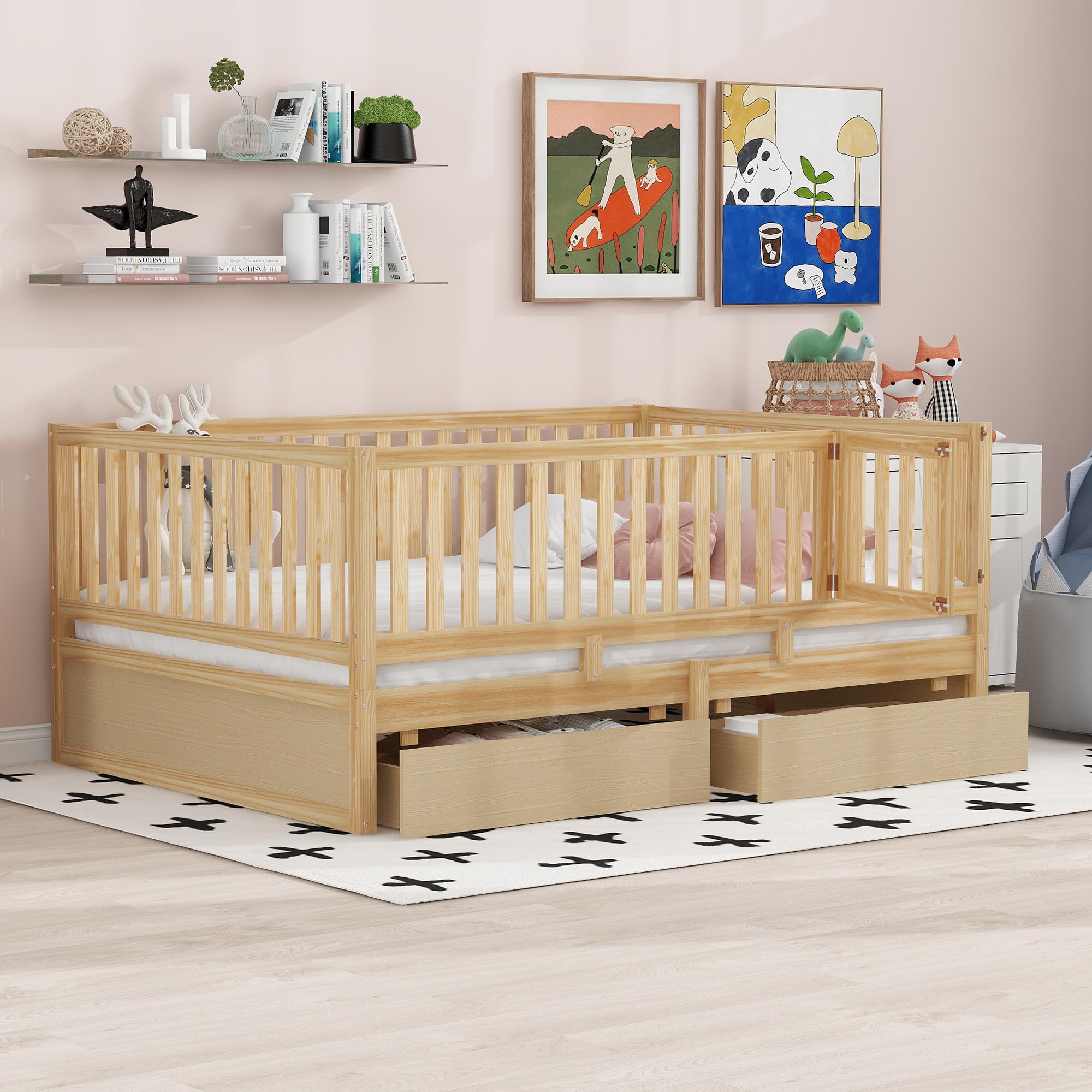 HomSof Full Size Wood Daybed with Fence Guardrails and 2 Drawers, Split into Independent Floor Bed & Daybed, Natural