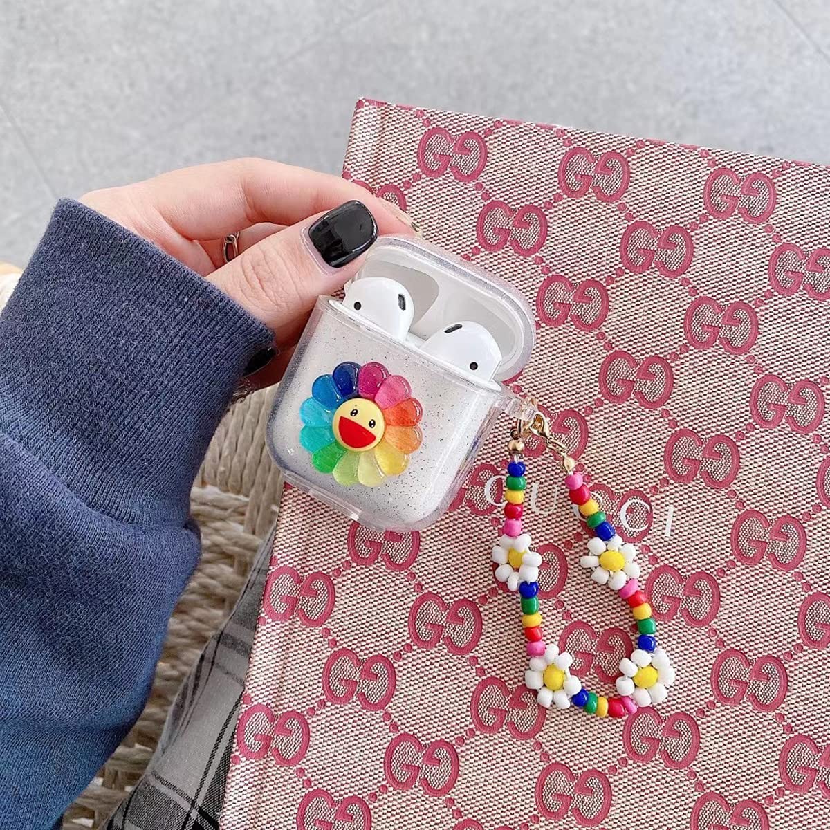 Cute AirPod Case Smile Sun Flower Bracelet Design Soft Clear Glitter Protective Cover for AirPods 1st & 2nd Generation Case