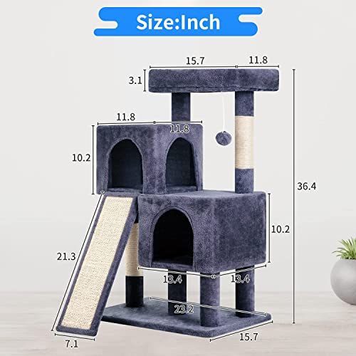 BestPet 36 inches Cat Tree for Indoor Cats Cat Tower with Scratching Posts Multi-Level Cat Furniture Condo with Ramp, Perch Spacious Cat Cave & Funny Toys for Kittens House,Dark Grey