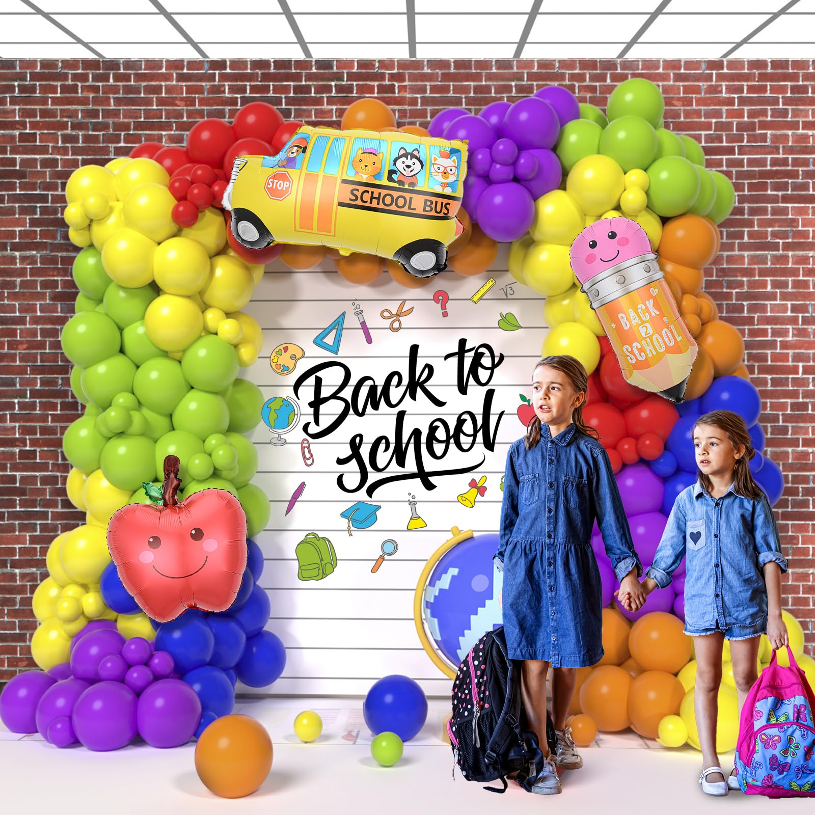 Back to School Balloon Arch Kit School Bus Pencil Foil Balloon with Rainbow Balloons for First Day of School Students Classroom Kindergarten Graduation Decorations